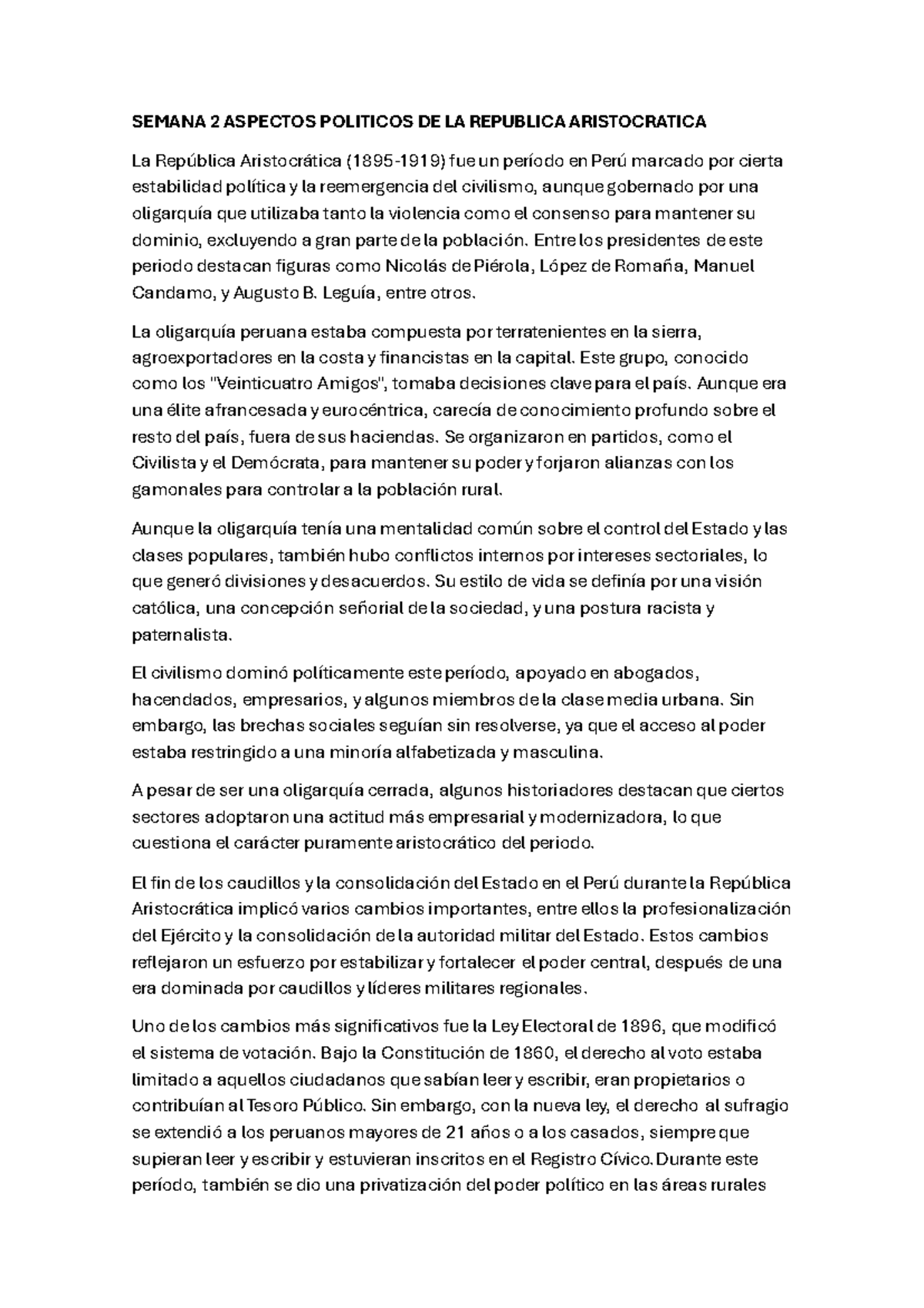 Semana 2 Aspectos Politicos DE LA Republica Aristocratica - SEMANA 2 ...