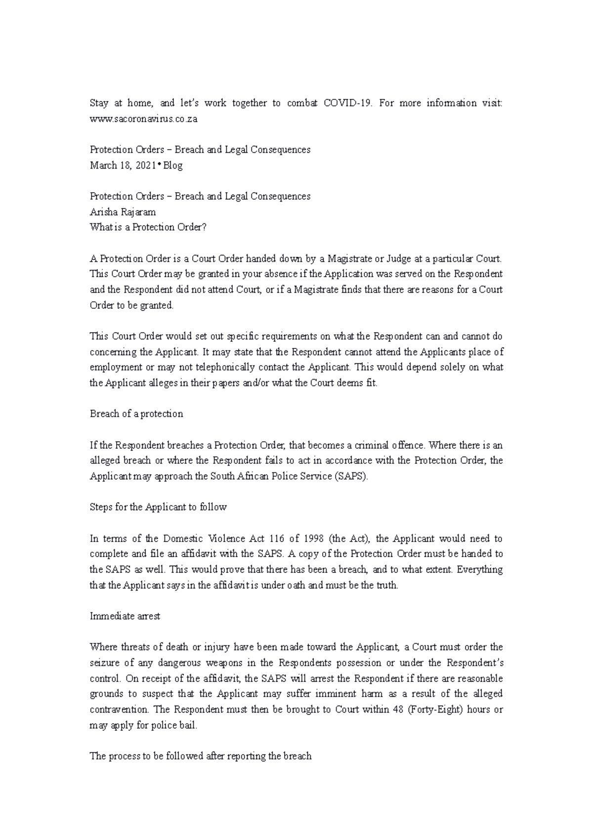 Breaching of a protection order - Stay at home, and let’s work together ...