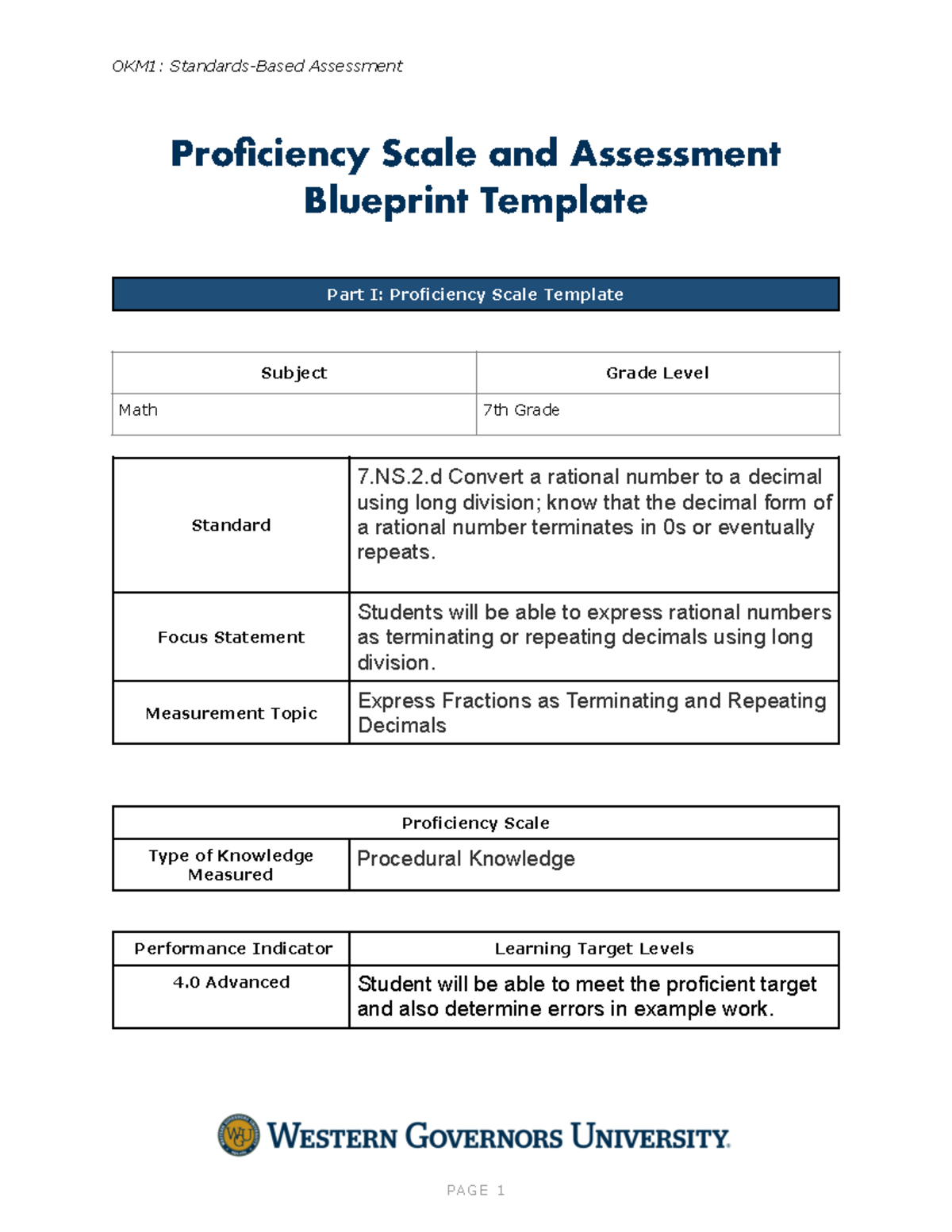 D184 Task 2 - OKM1: Standards-Based Assessment Proficiency Scale and ...
