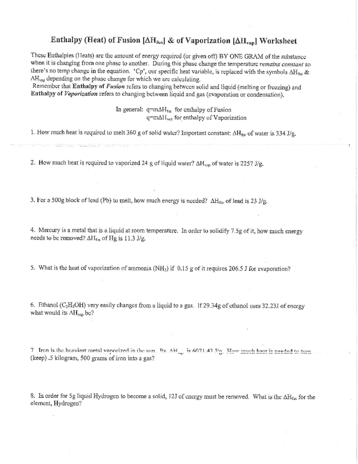 Heat of Fusion.Vaporization Practice Key - Studocu