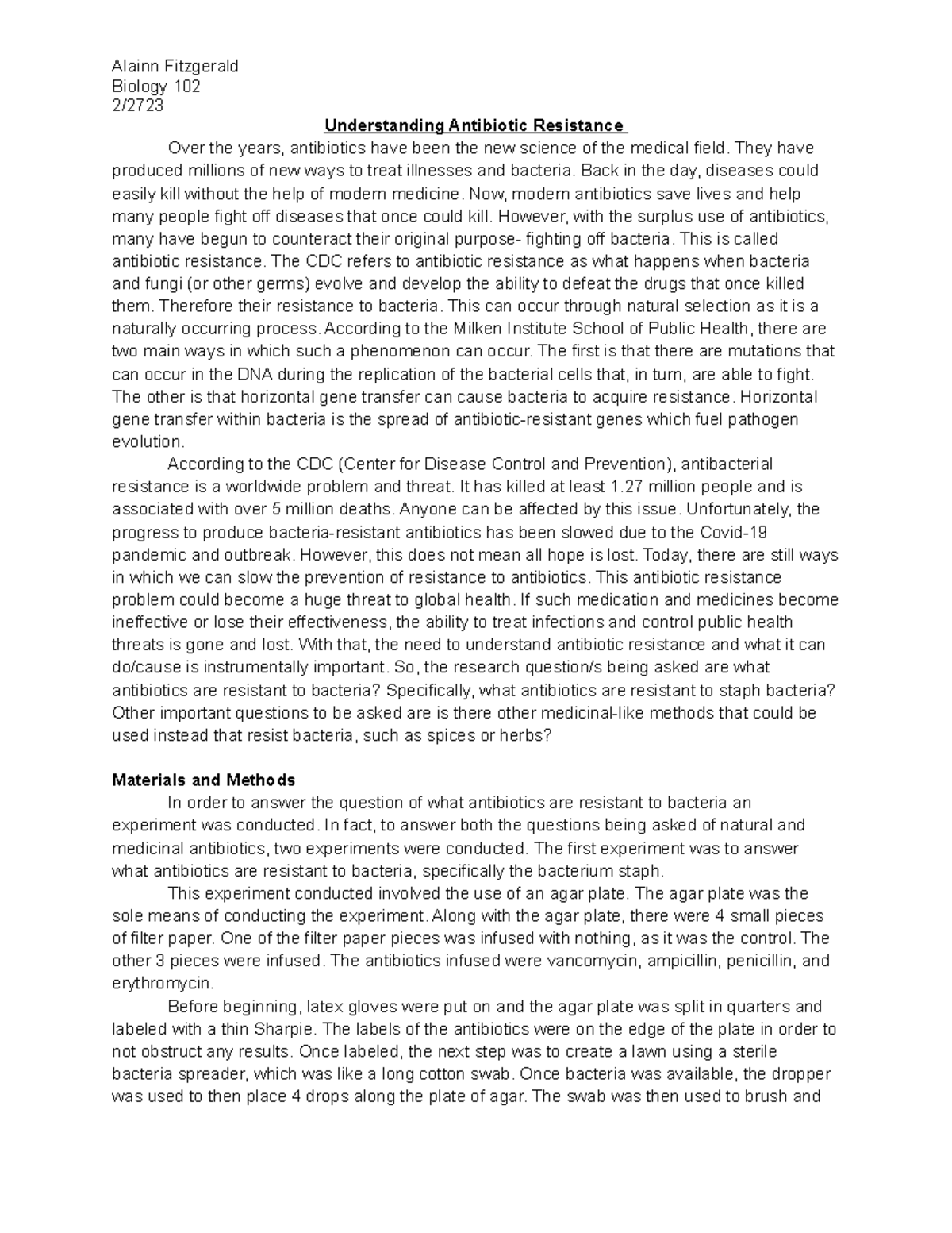 Antibiotic Resistance Draft - Biology 102 2/ Understanding Antibiotic ...