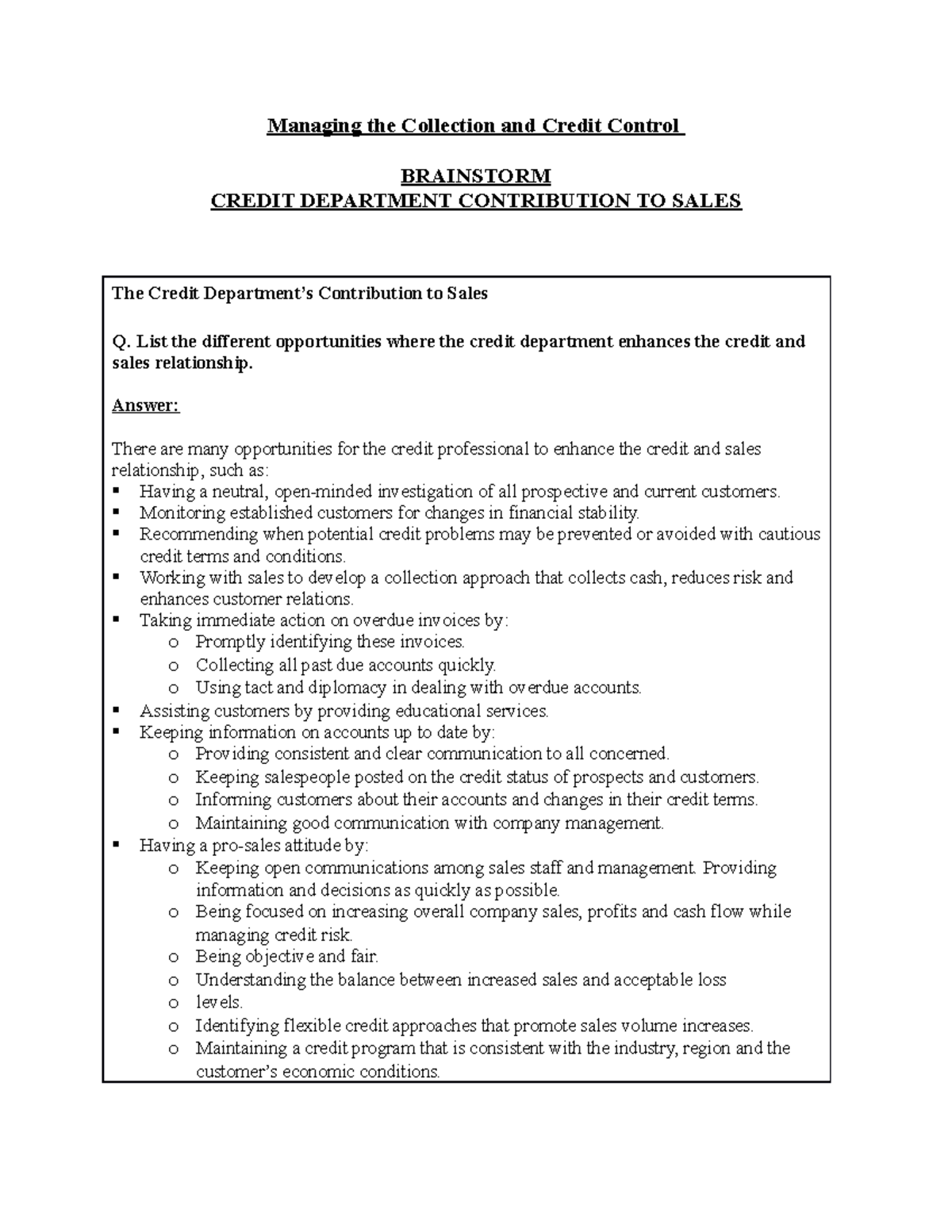 MCCC Credit Department Contribution to Sales - Managing the Collection ...