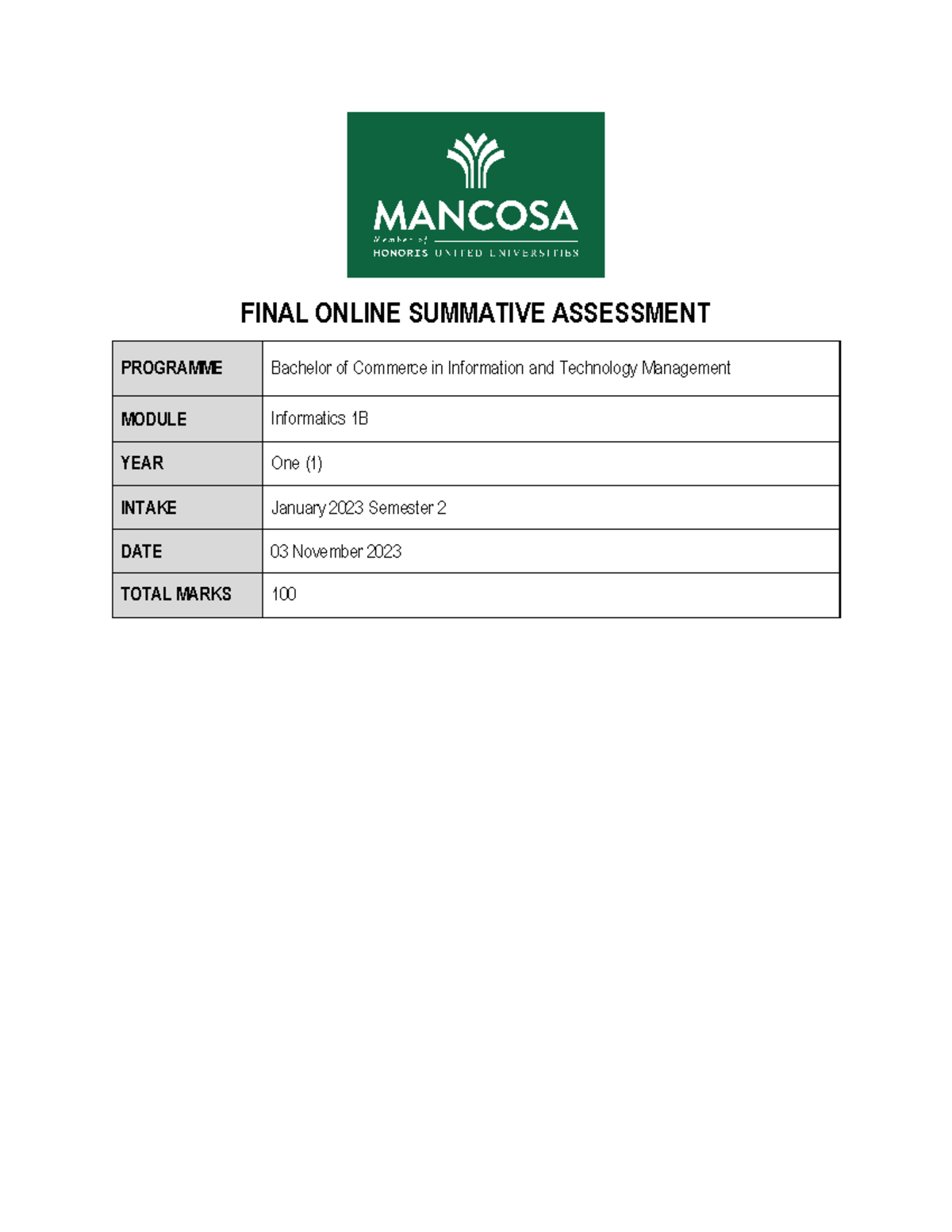Informatics 1B Final OSA - FINAL ONLINE SUMMATIVE ASSESSMENT PROGRAMME Bachelor of Commerce in ...