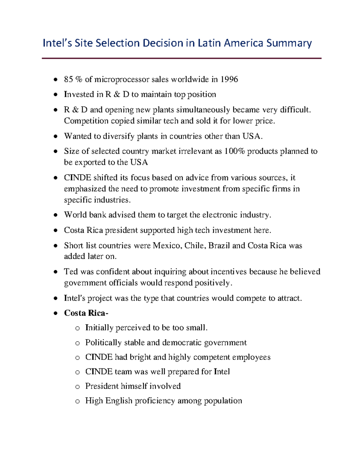 Intel Case Summary - Intel’s Site Selection Decision in Latin America ...