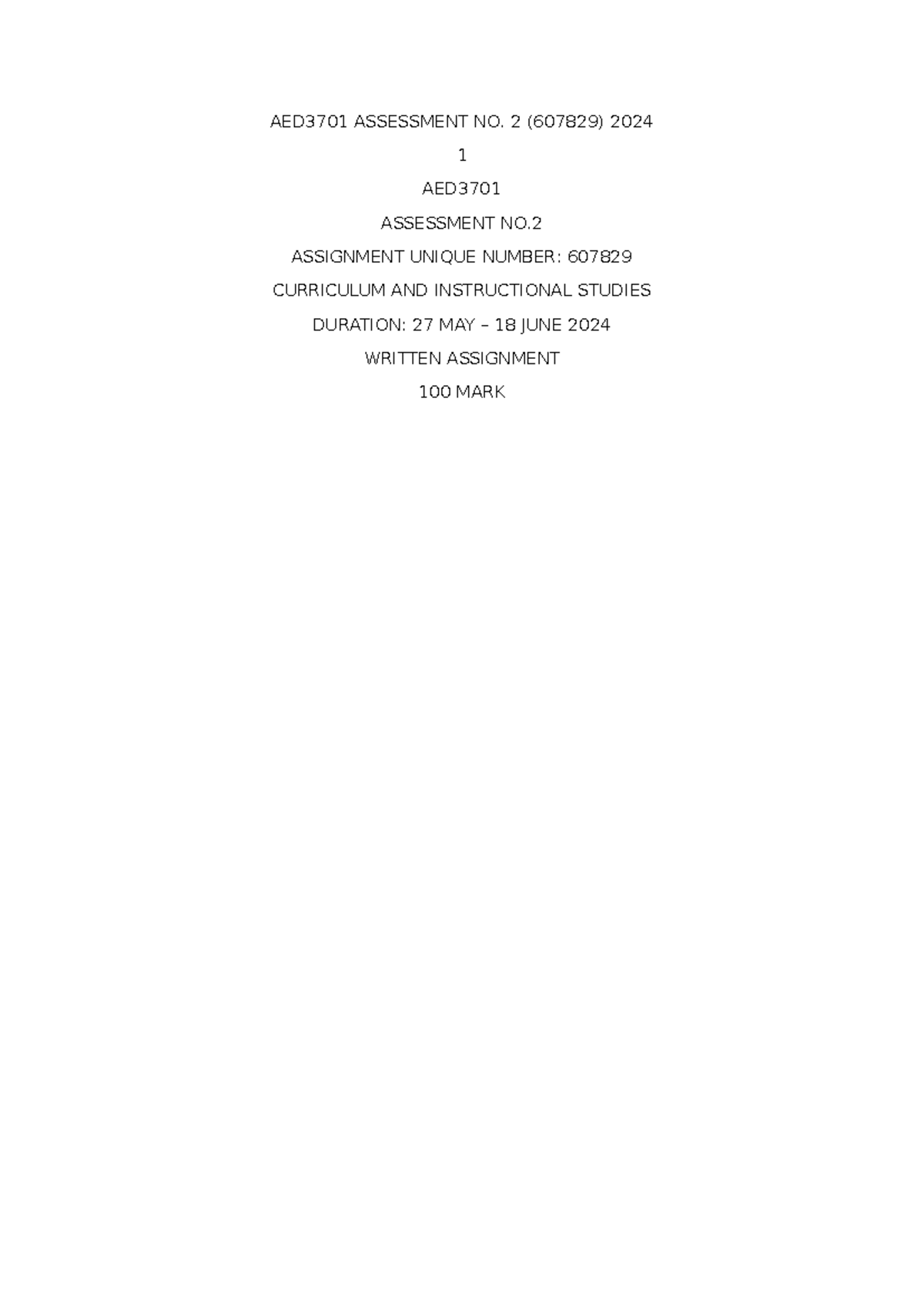 AED 3701 Assement 2 - AED3701 ASSESSMENT NO. 2 (607829) 2024 1 AED ...