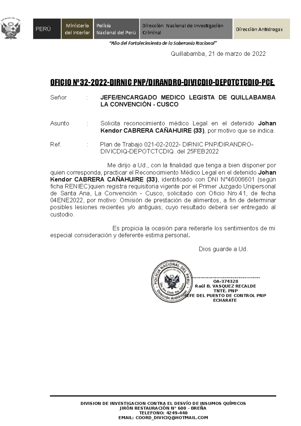 Ofico RML - OFICIO MAPA - PERÙ Ministerio del Interior Policía Nacional ...