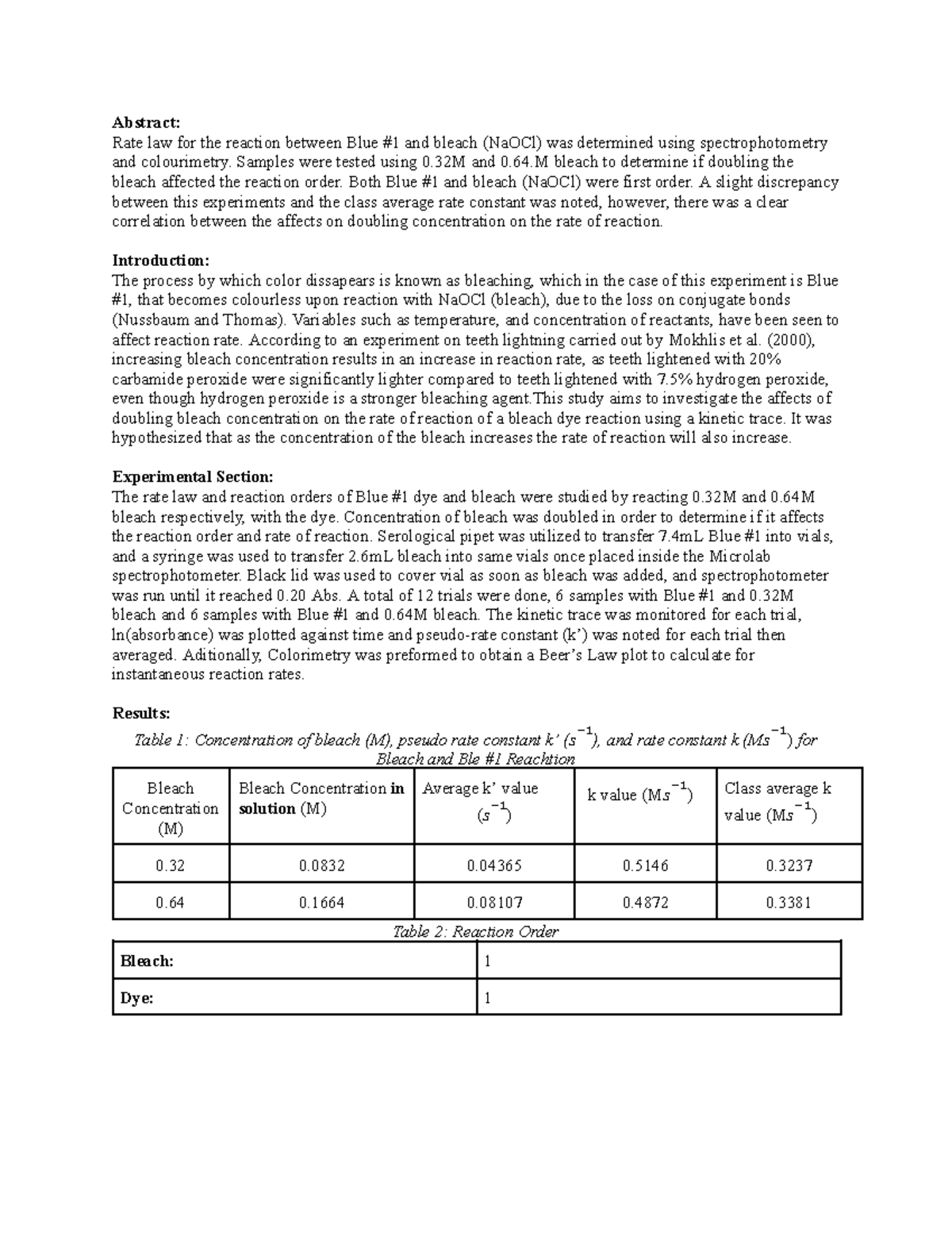 Chem123~ep11 lab report - Abstract: Rate law for the reaction between ...