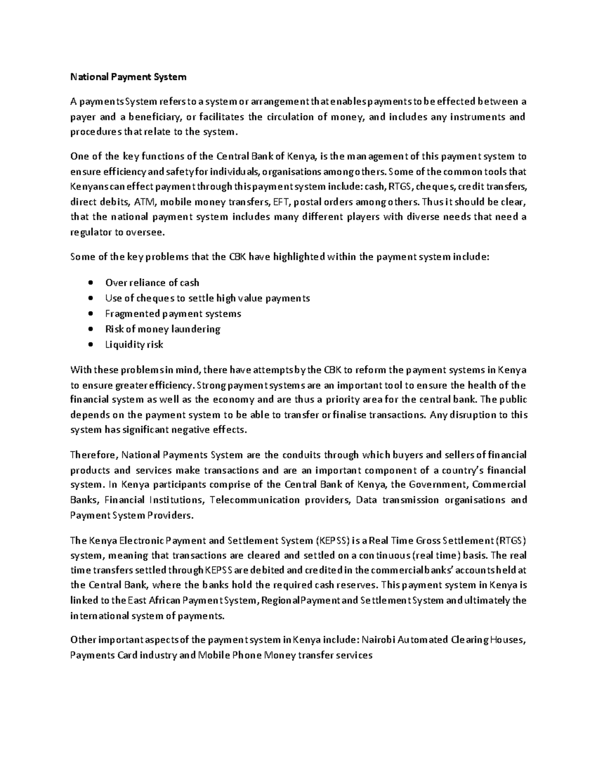 National Payment System - One of the key functions of the Central Bank ...