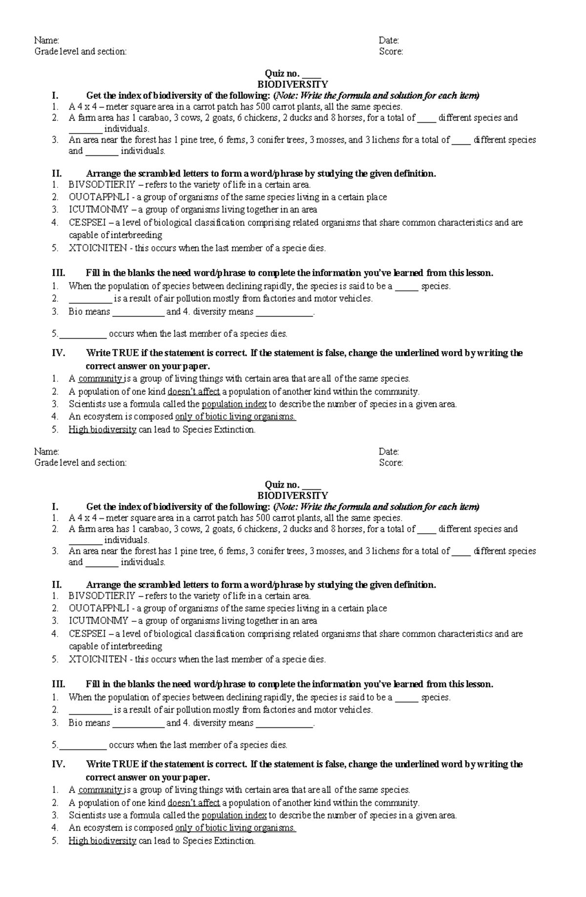 Biodiversity quiz - Name: Date: Grade level and section: Score: Quiz no ...