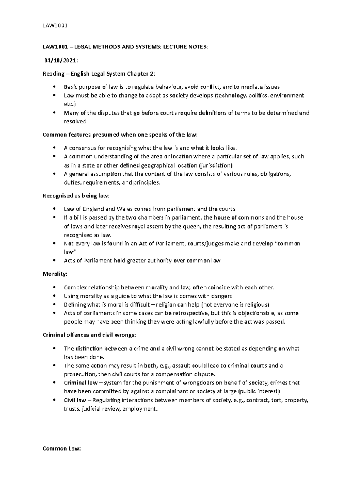 LAW1001 - WEEK 1 Lecture Notes - LAW LAW1001 – LEGAL METHODS AND ...