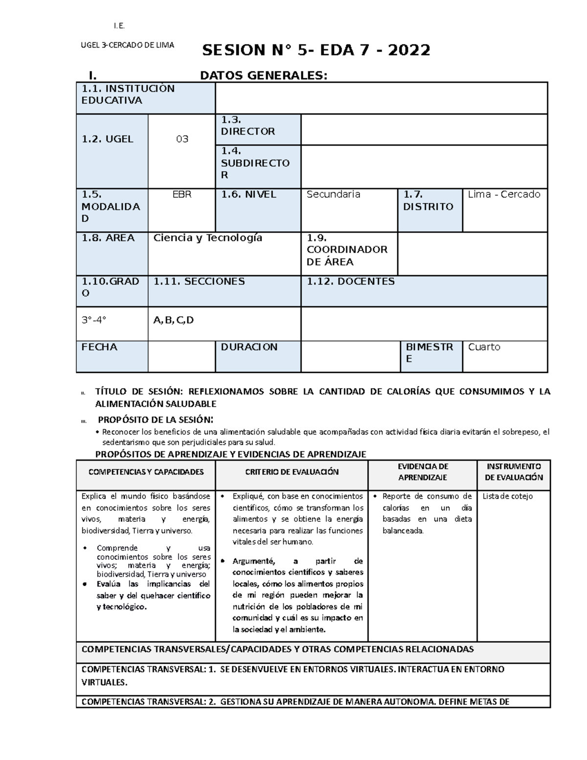 3°y 4° semana 5 explica EDA 7 2022 Sesiones - SESION N° 5- EDA 7 - 2022 I. DATOS GENERALES: 1 ...