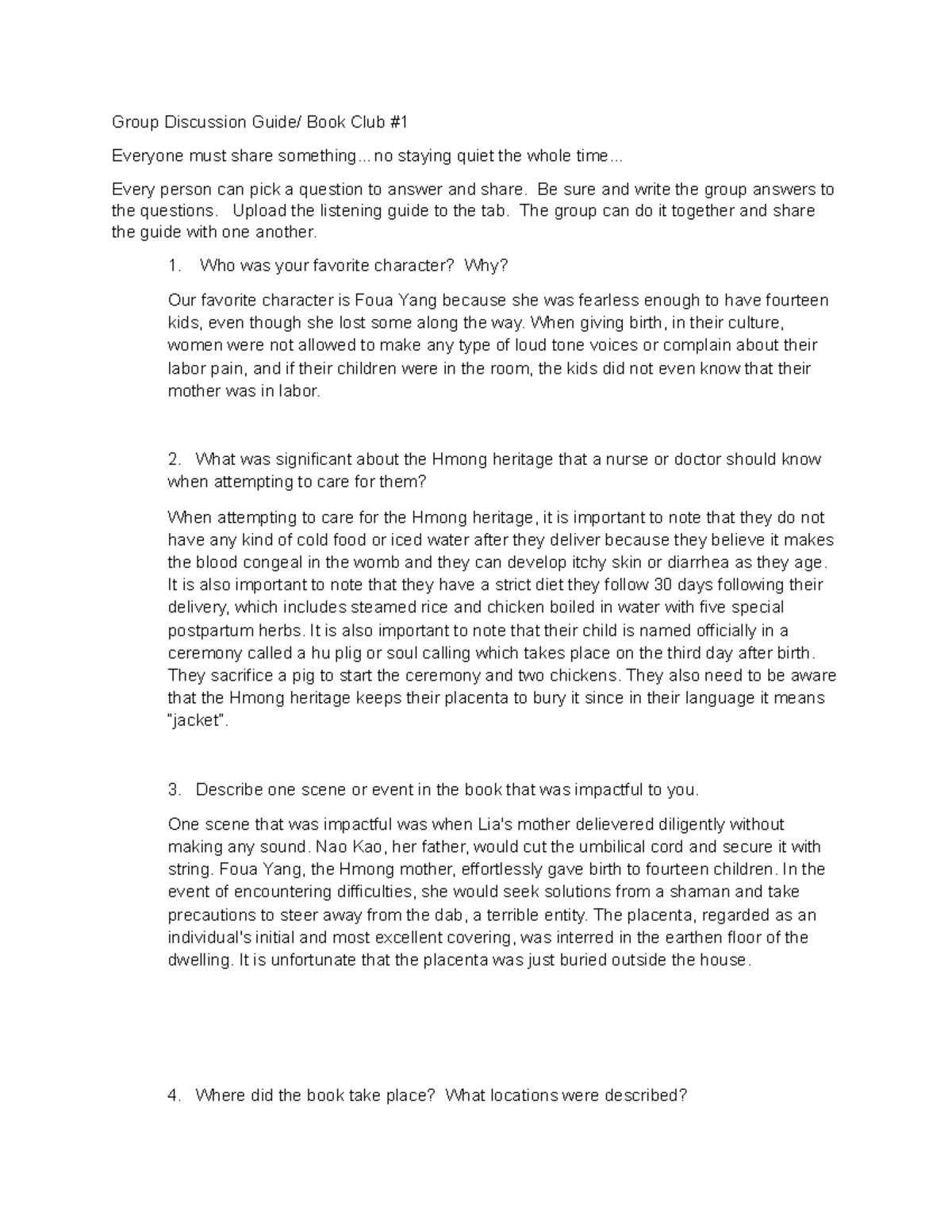 Group Discussion Guide Book Club #1 - . staying quiet the whole time ...