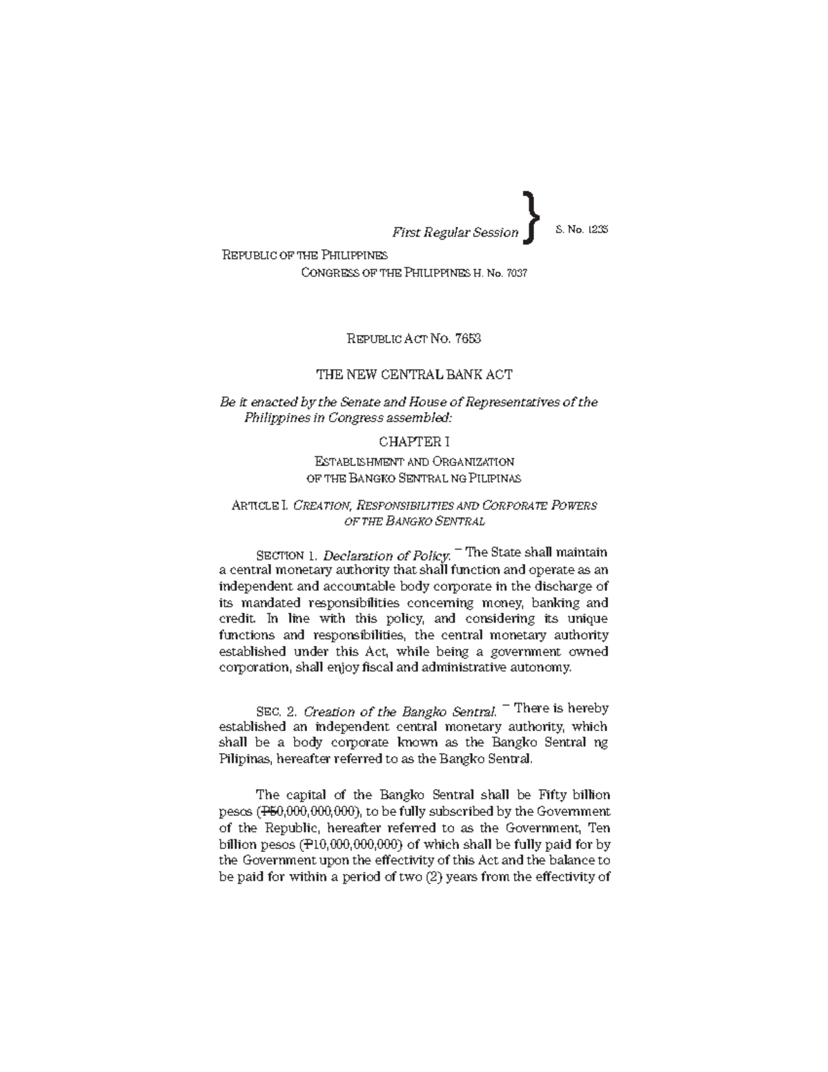 The New Central Bank Act - First Regular Session } S. No. 1235 REPUBLIC ...