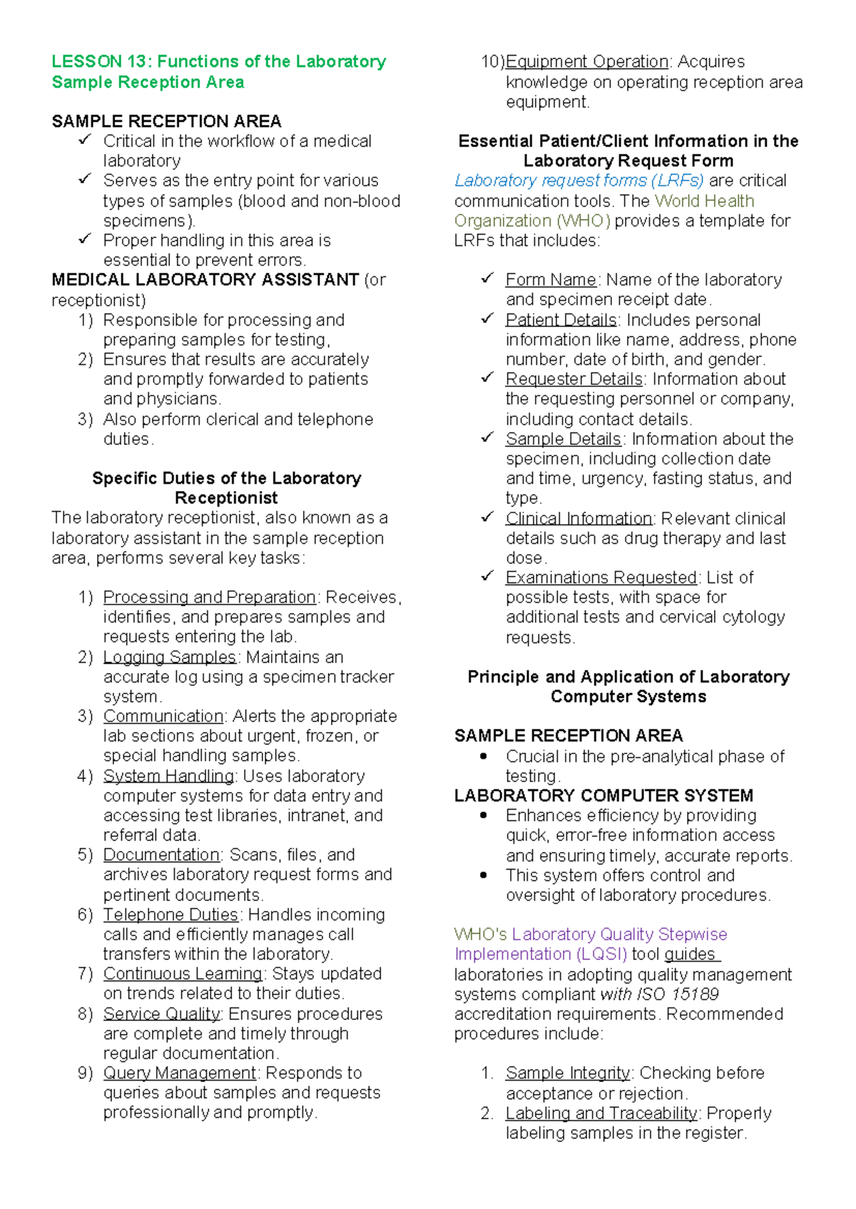 Transes - PMLS 2 - LESSON 13: Functions of the Laboratory Sample ...