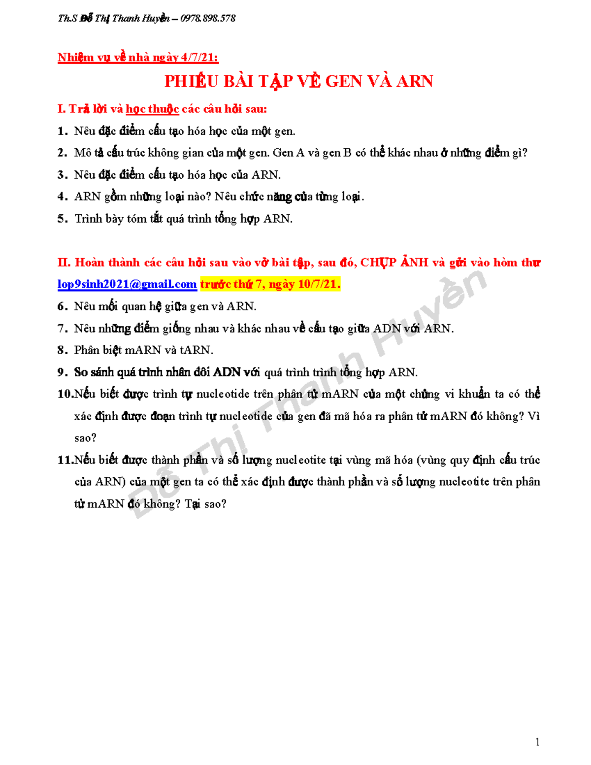 ADN - ARN - Protein - 2021 - Bai tap 2 - V2 - Th Th Thanh Huy n 0978.898 Nhi m v v nhà ngày PHI ...
