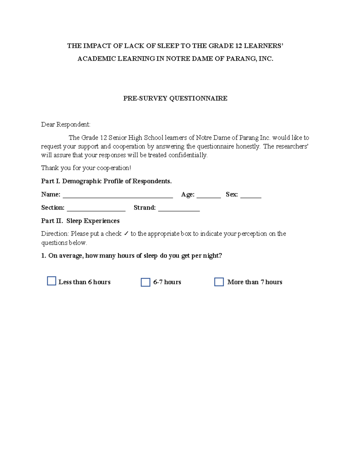 PRE Survey NA DI PA Tapos - THE IMPACT OF LACK OF SLEEP TO THE GRADE 12 ...