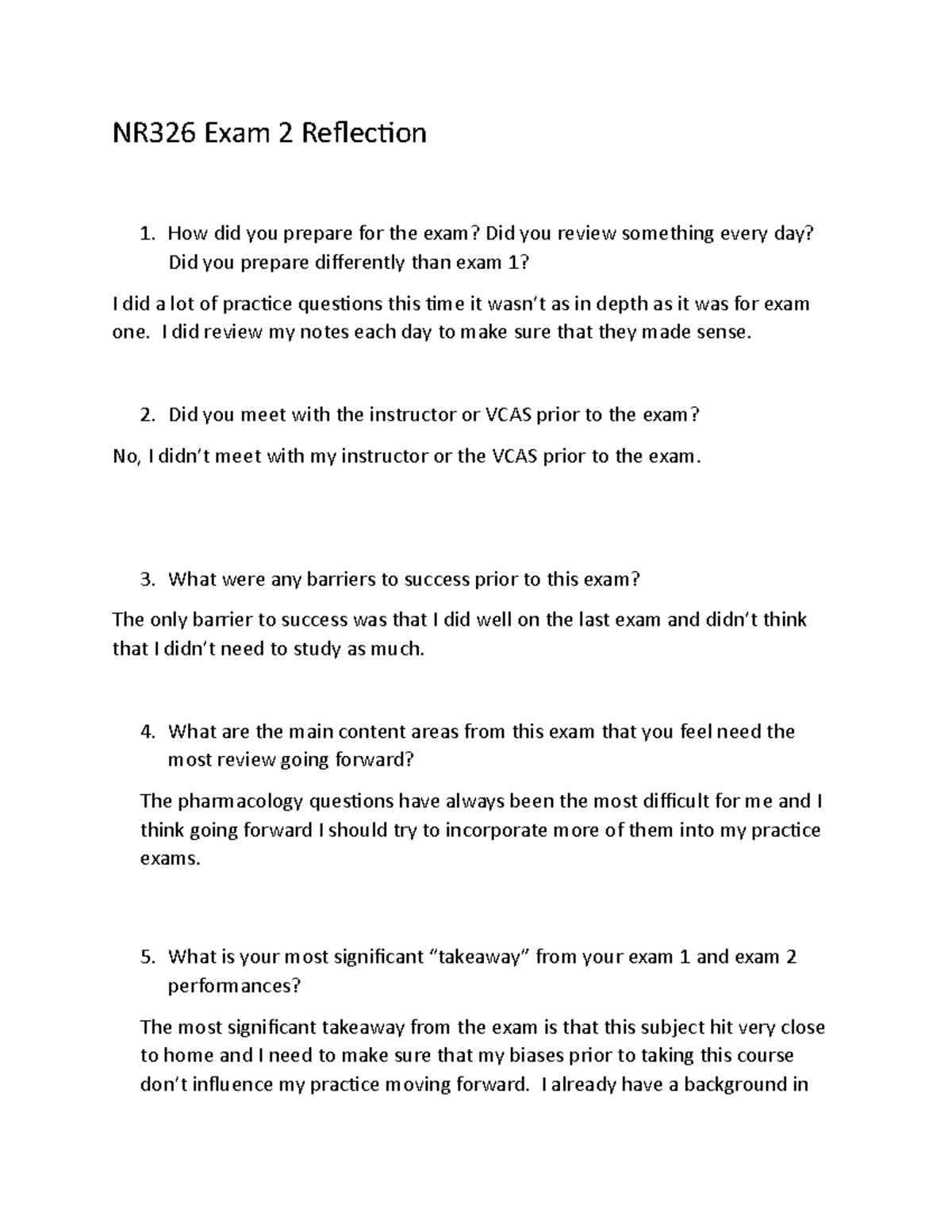 NR 326 Exam 2 Reflection - NR326 Exam 2 Reflection How did you prepare ...