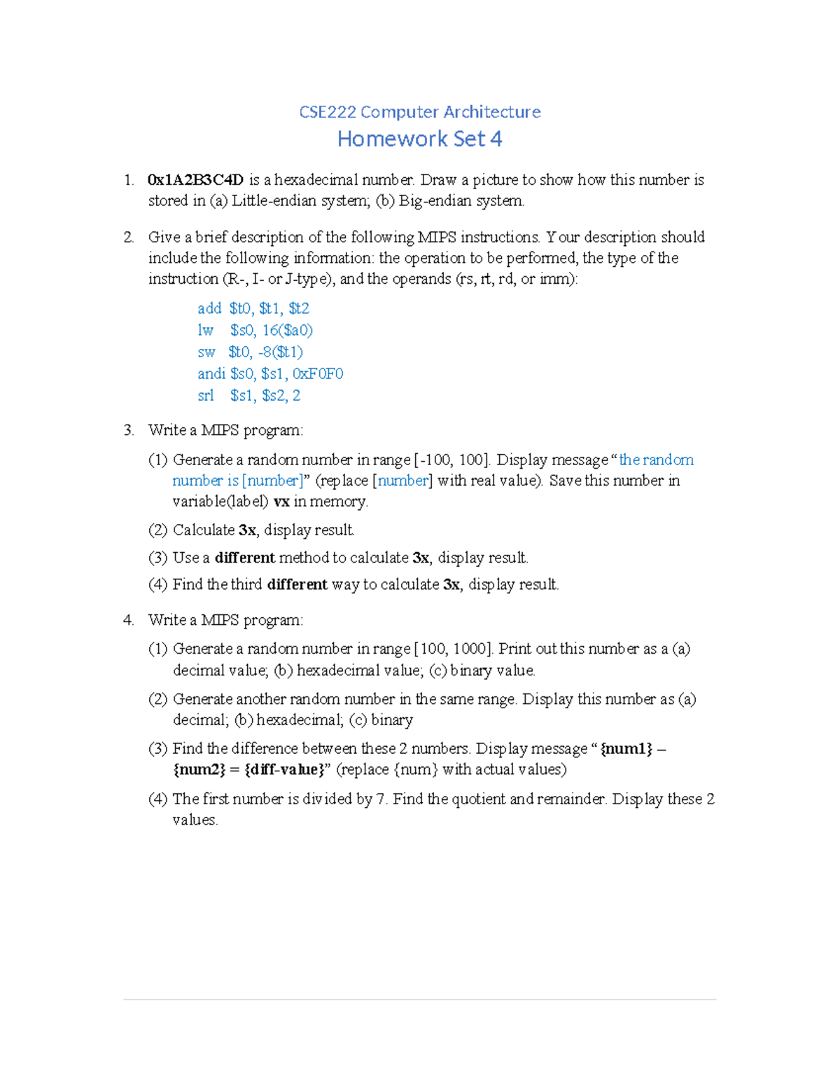 CSE222 HW Set 04-2023-02 - CSE222 Computer Architecture Homework Set 4 0x1A2B3C4D is a ...