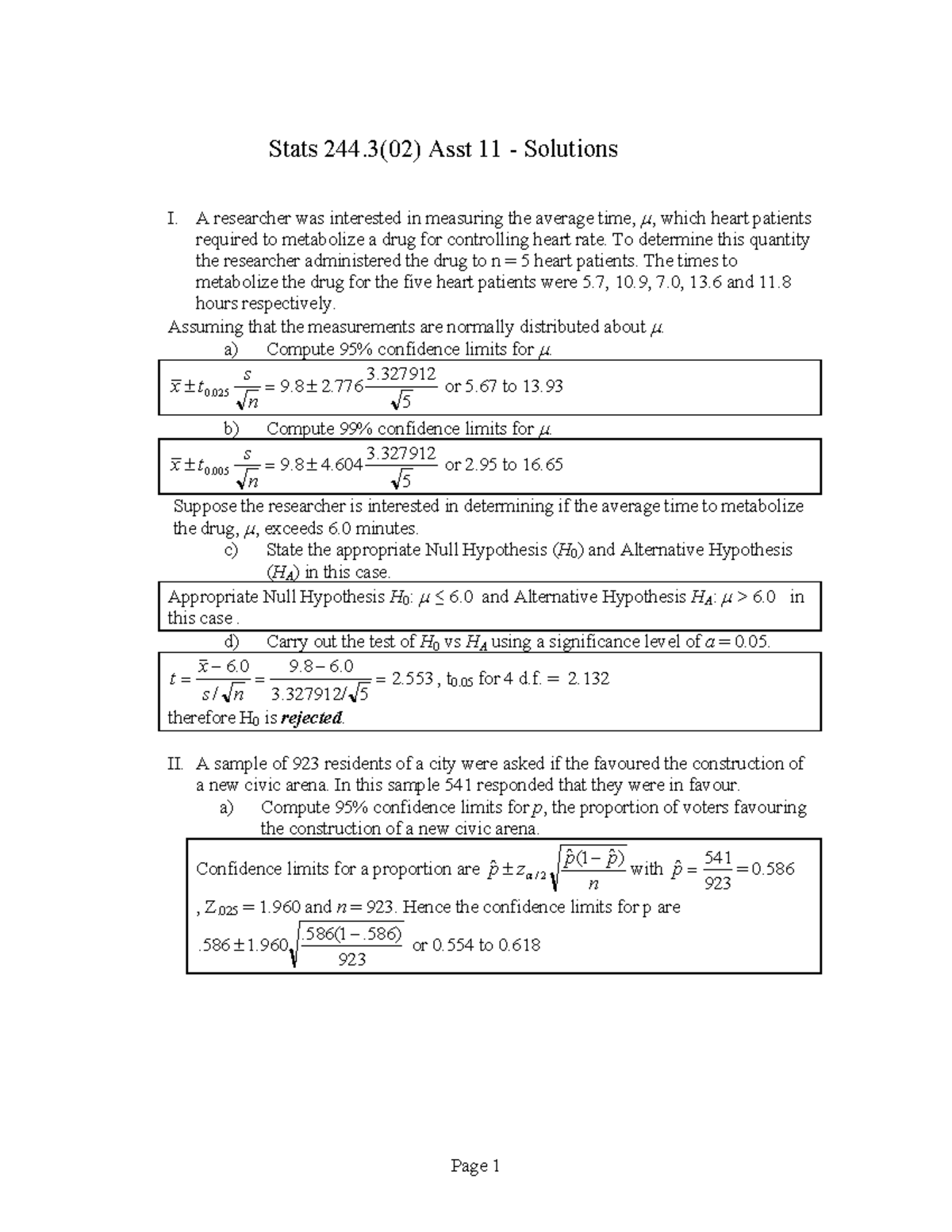Stat 245.3 Assignment 11 solutions - Page 1 Stats 24 4 .3(0 2 ) Asst 11 - Solutions I. A ...
