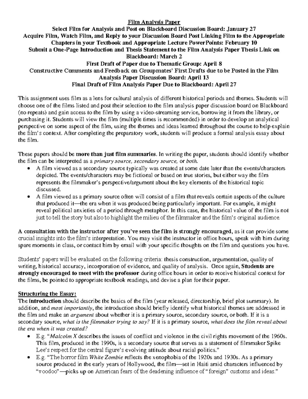 Film analysis paper-assignment - Film Analysis Paper Select Film for ...