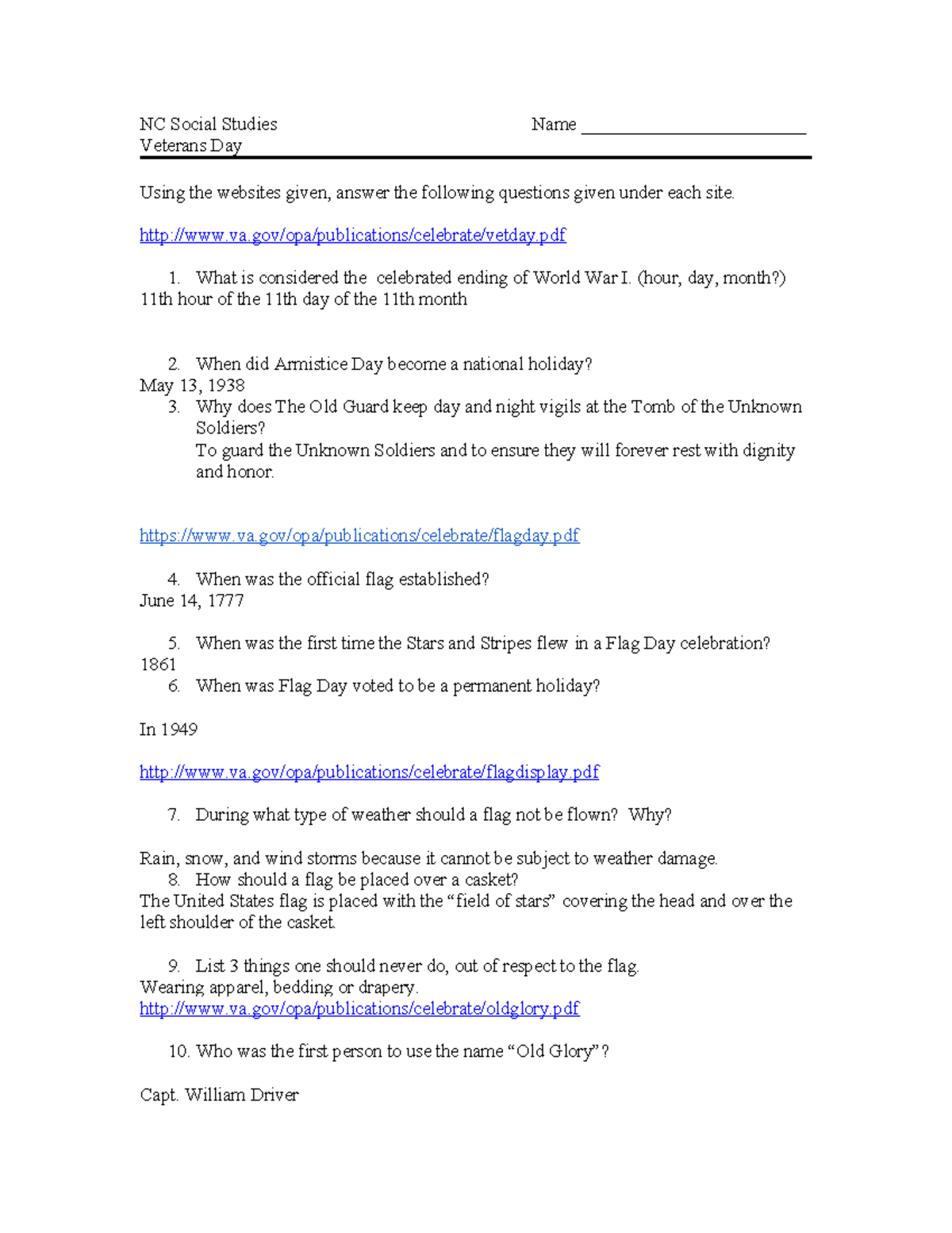 Copy of Veterans Day Scavenger Hunt - NC Social Studies Name ...