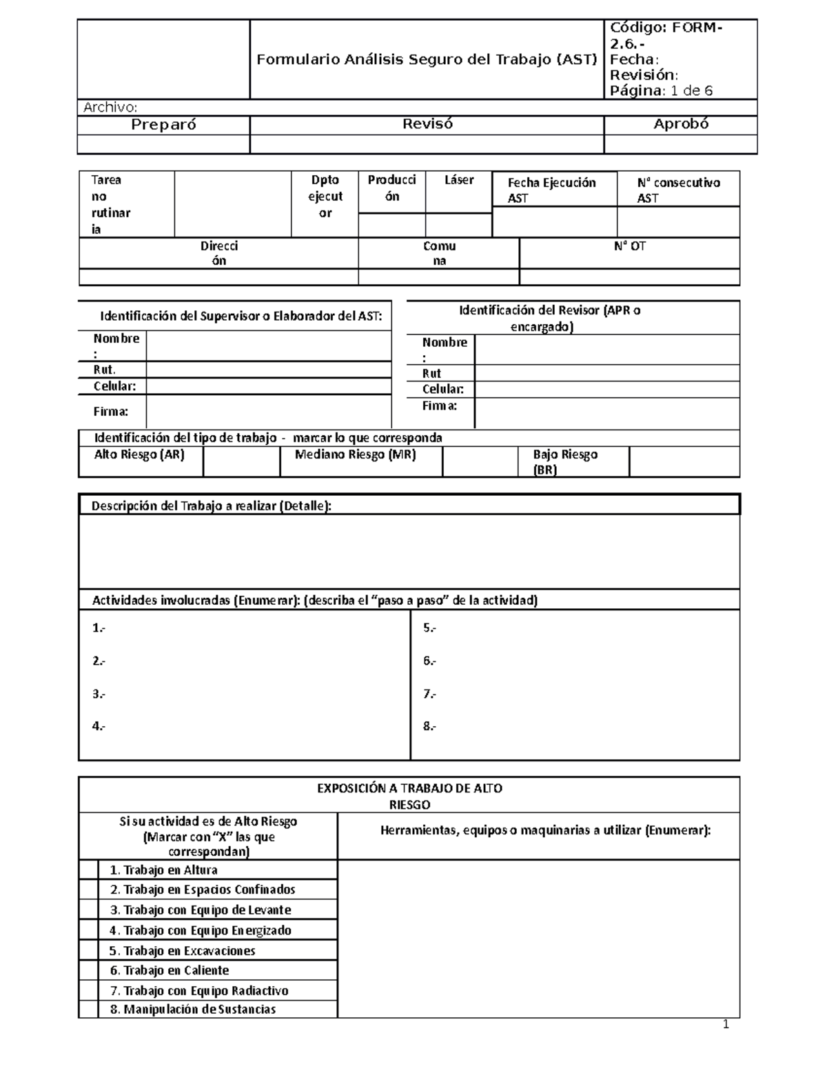 Formato AST - Formulario Análisis Seguro del Trabajo (AST) Código: FORM ...