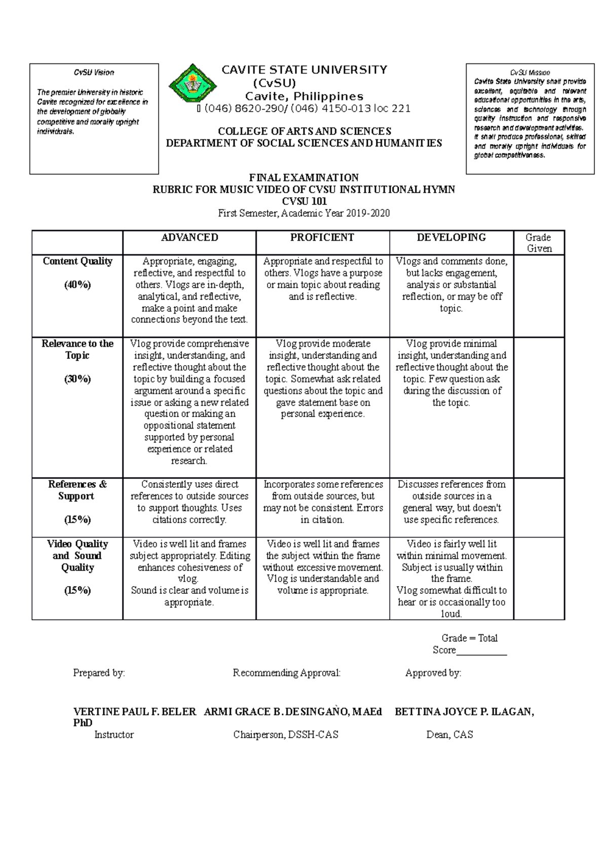 Cvsu 101 rubrics finals - CvSU Mission Cavite State University shall ...