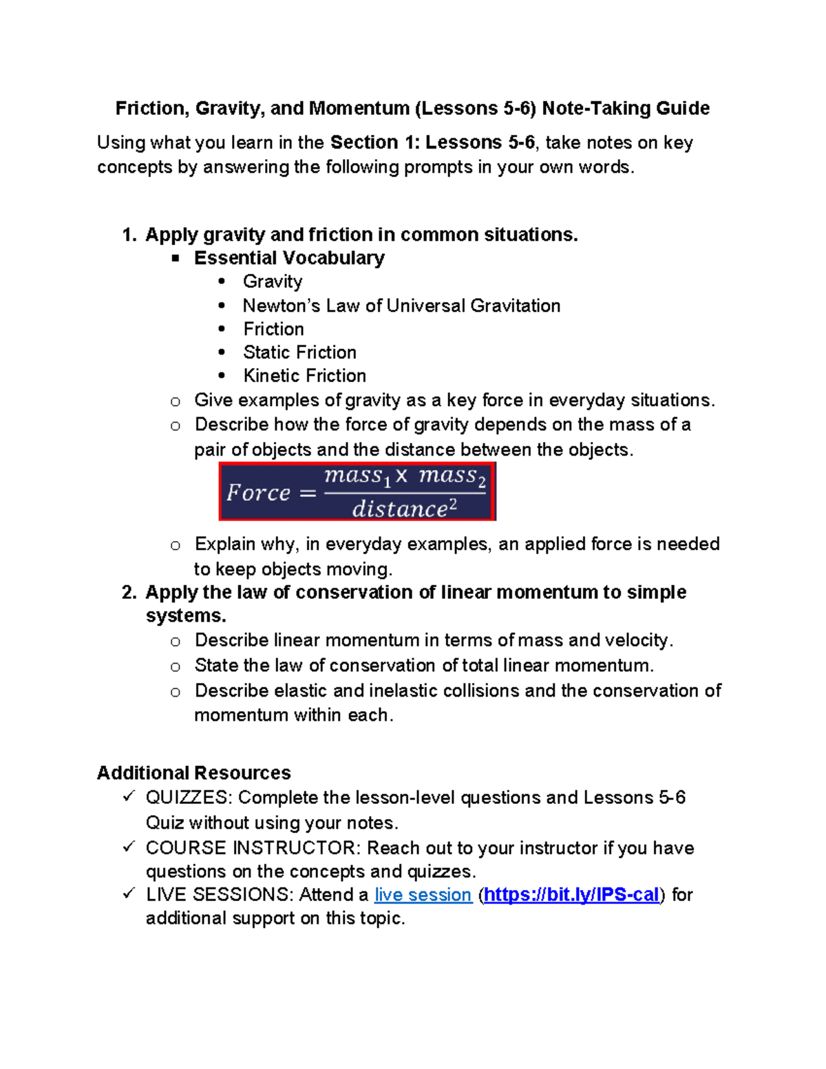 Section 1 Friction, Gravity, and Momentum (Lessons 5-6) - Friction ...