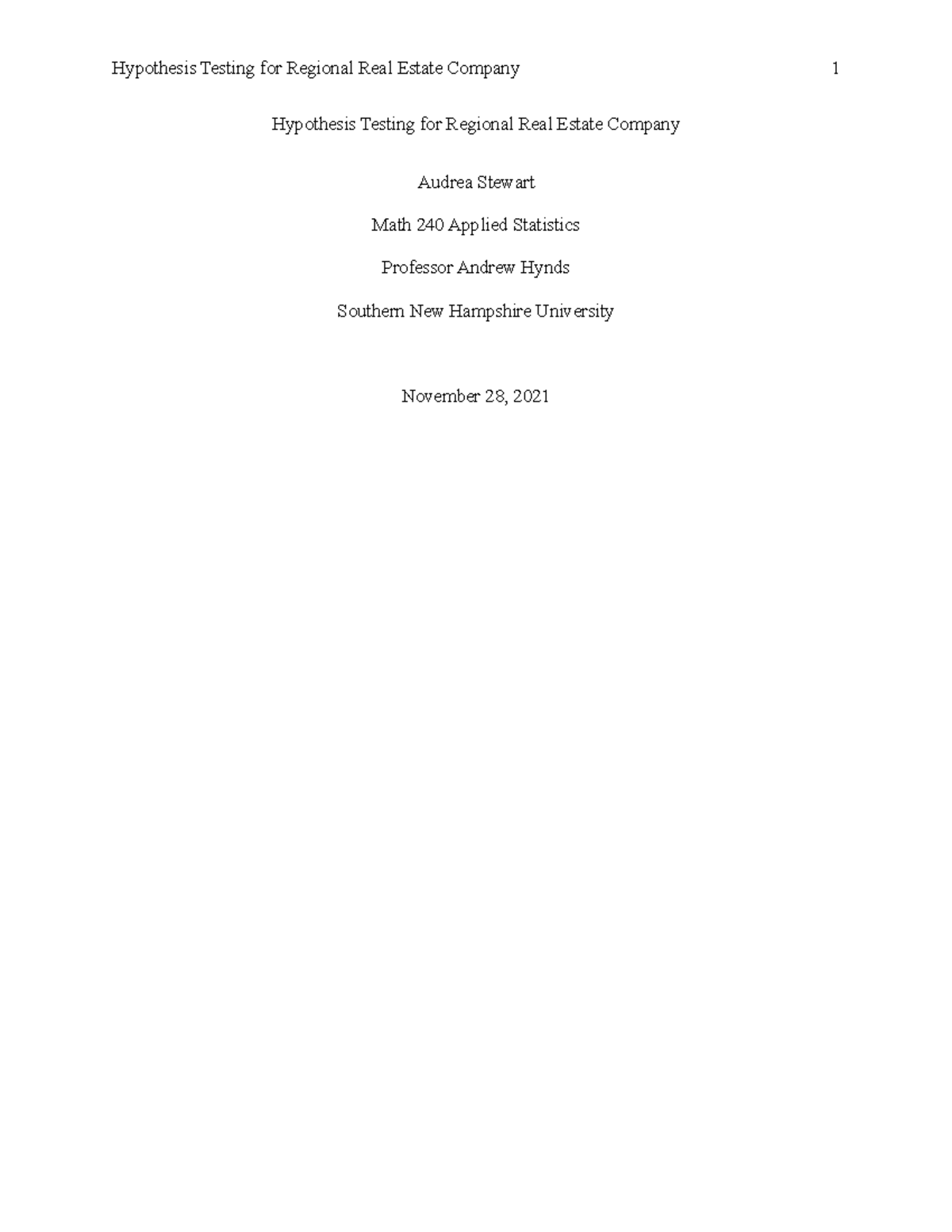 Module Five Assignment Template MATH 240 - Hypothesis Testing for ...