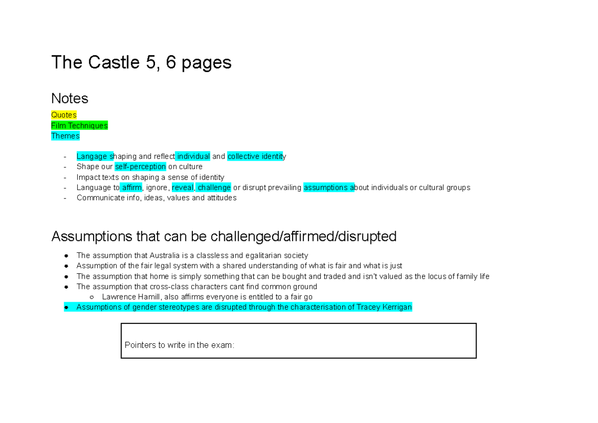 Mod A The Castle Notes - The Castle 5, 6 pages Notes Quotes Film ...