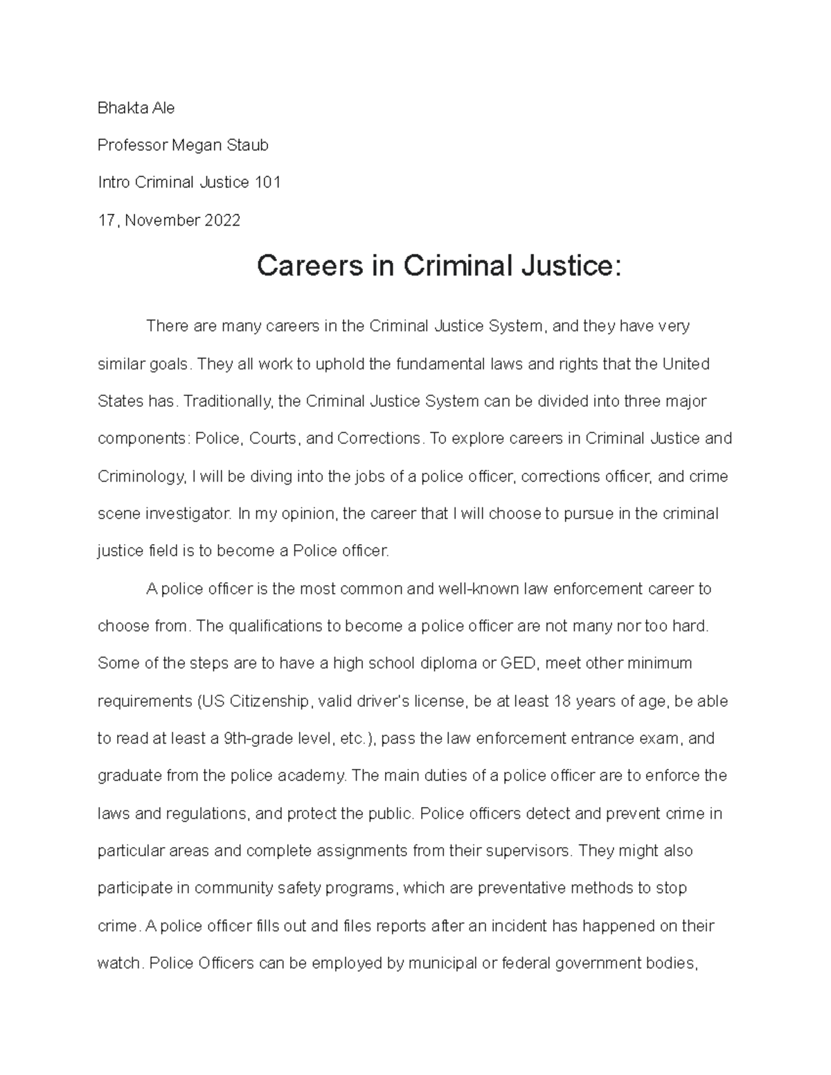 Careers in Criminal Justice Written Assignment - Bhakta Ale Professor ...