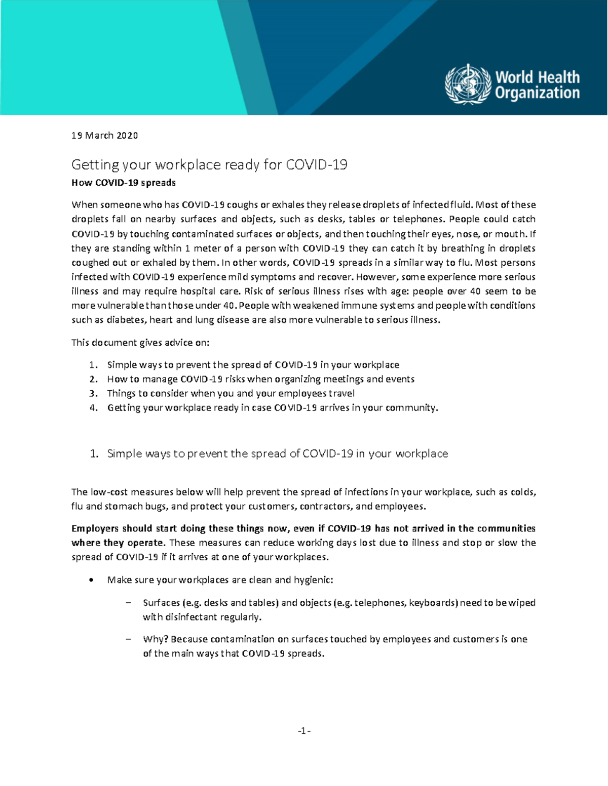 WHO 2019 n Cov workplace 2020 - 19 March 2020 Getting your workplace ...
