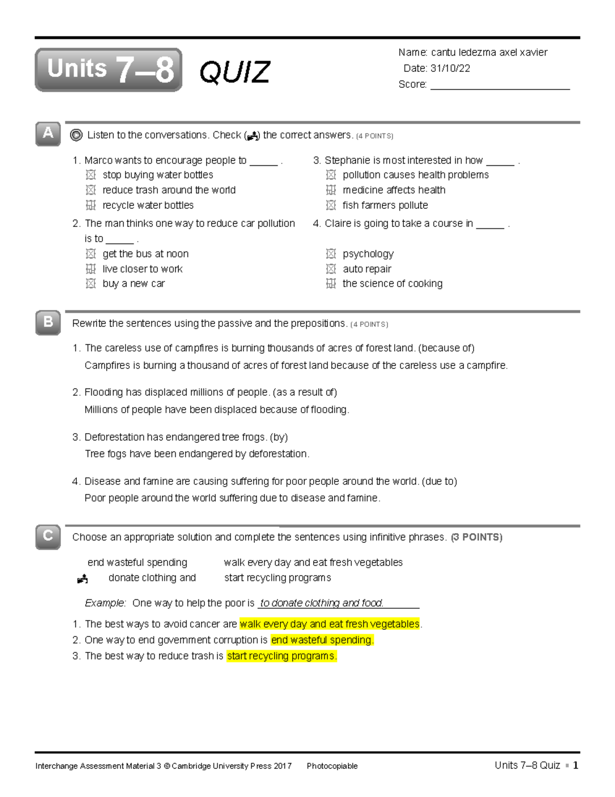 Examen 7-8 - A B C Units 7–8 QUIZ Listen to the conversations. Check ( ) the correct answers. (4 ...