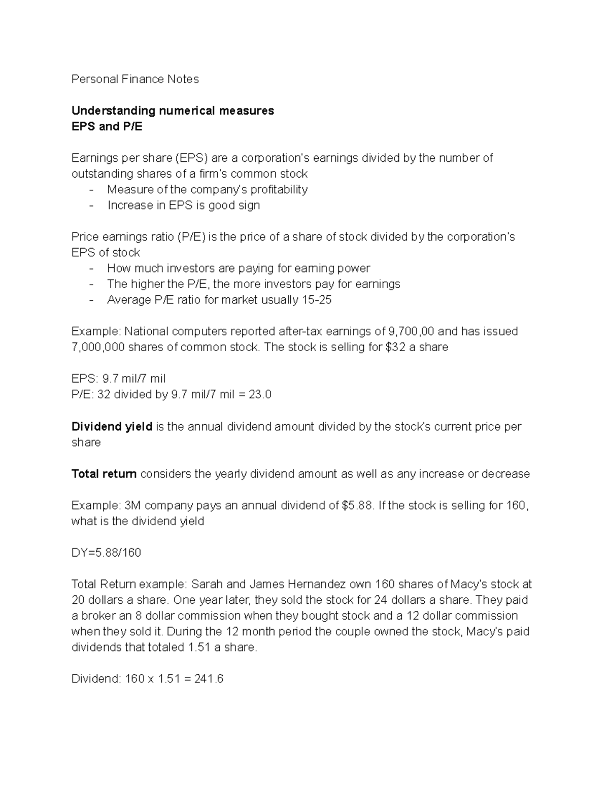 Personal Finance notes - Personal Finance Notes Understanding numerical ...