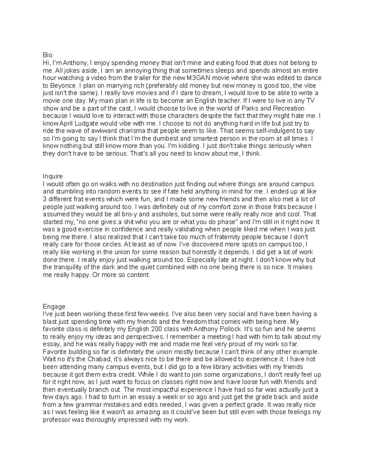 LAS 101 Design Your First Year Experience Text Doc - Bio Hi, I’m ...