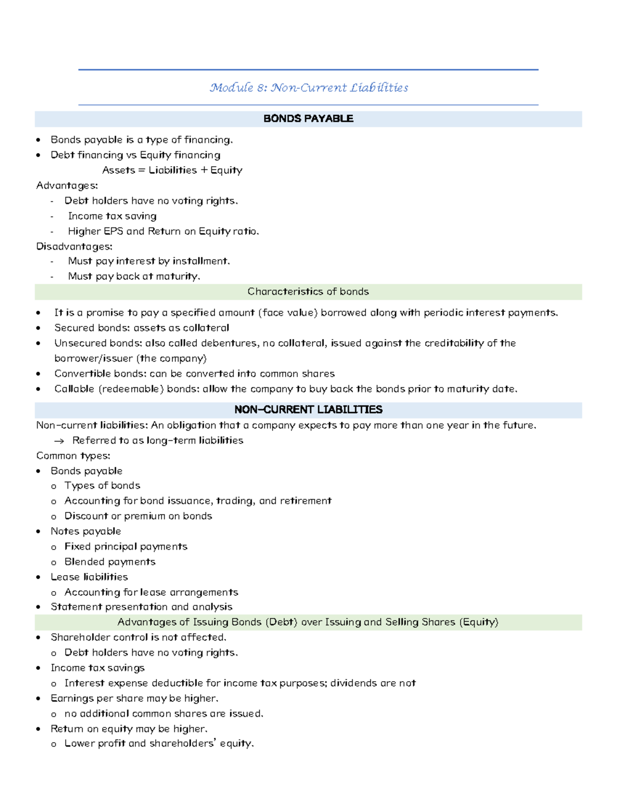 ACCT 2071 - Module 8 Notes - Module 8: Non-Current Liabilities BONDS ...