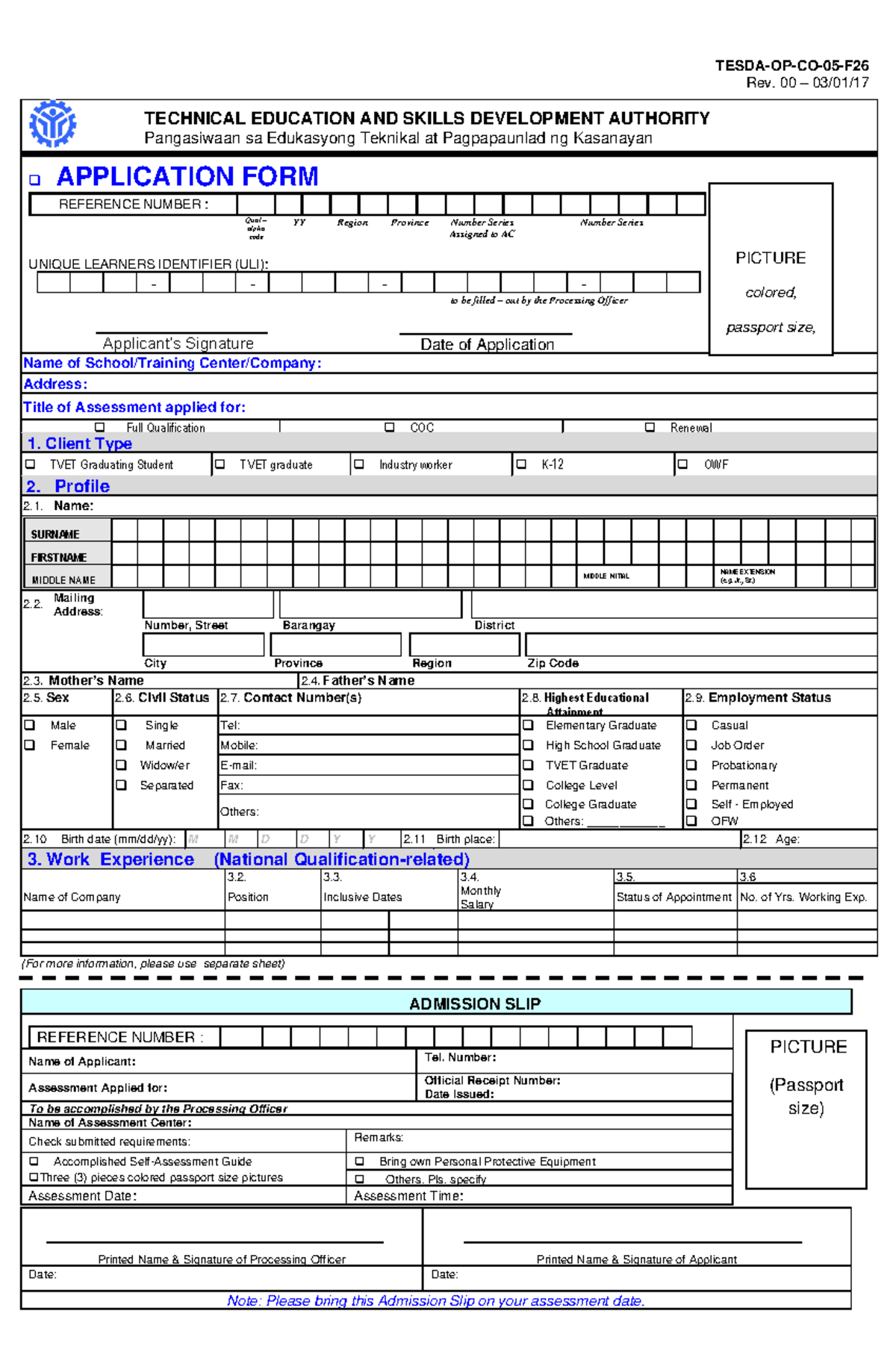 Application Form - TESDA-OP-CO- 05 - F Rev. 00 – 03/01/1 7 TECHNICAL ...