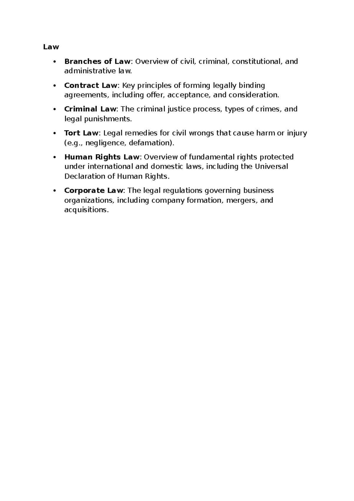 Law Exam Notes - Law Branches of Law: Overview of civil, criminal ...