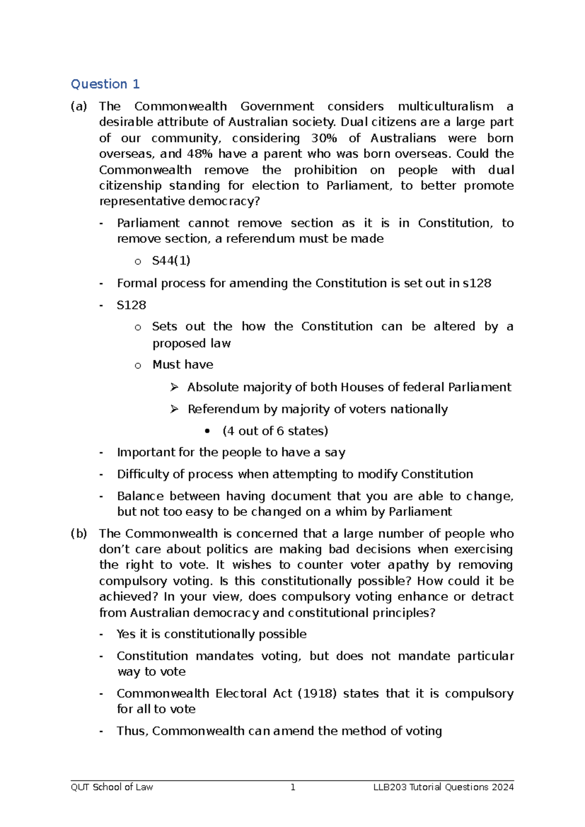 203 tutorial 2 week 3 - Question 1 (a) The Commonwealth Government considers multiculturalism a ...