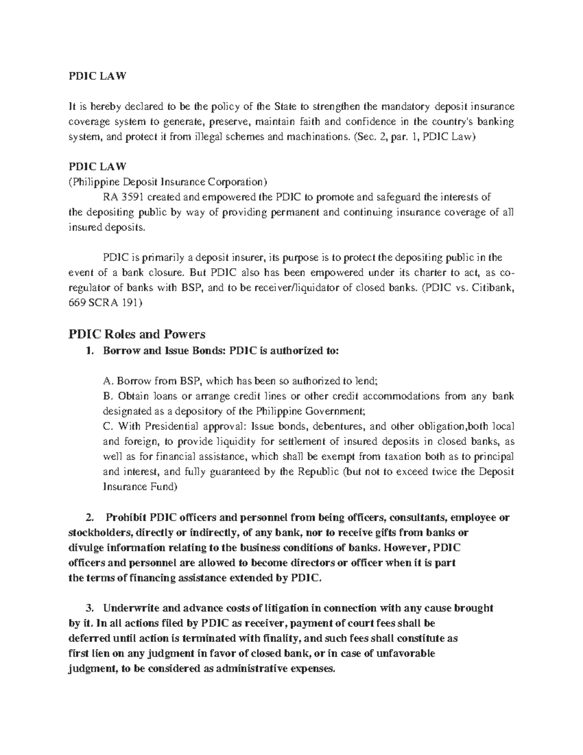 PDIC Law - PDIC LAW - PDIC LAW It is hereby declared to be the policy ...