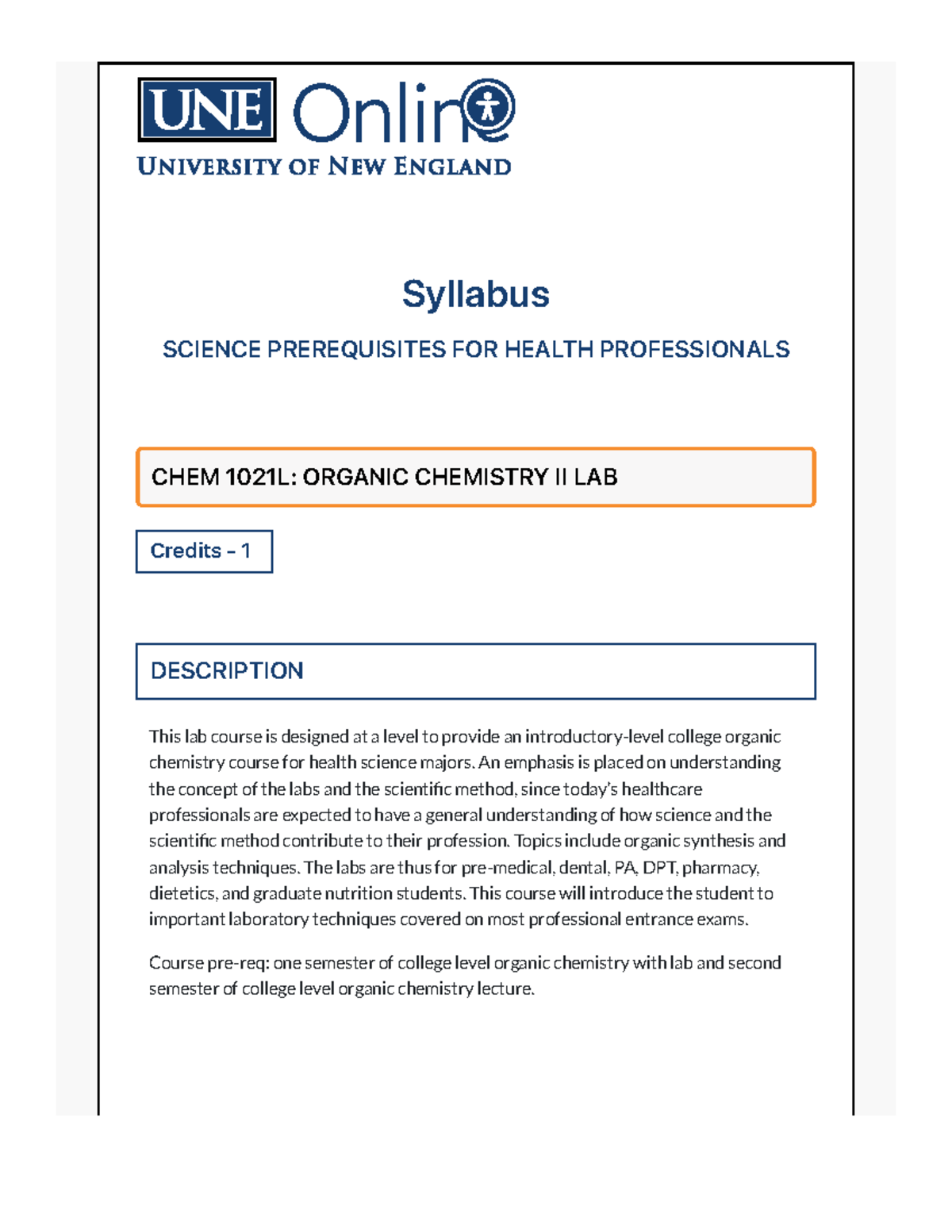 UNE Online Syllabi » CHEM 1021L- Organic Chemistry II Lab - Syllabus ...