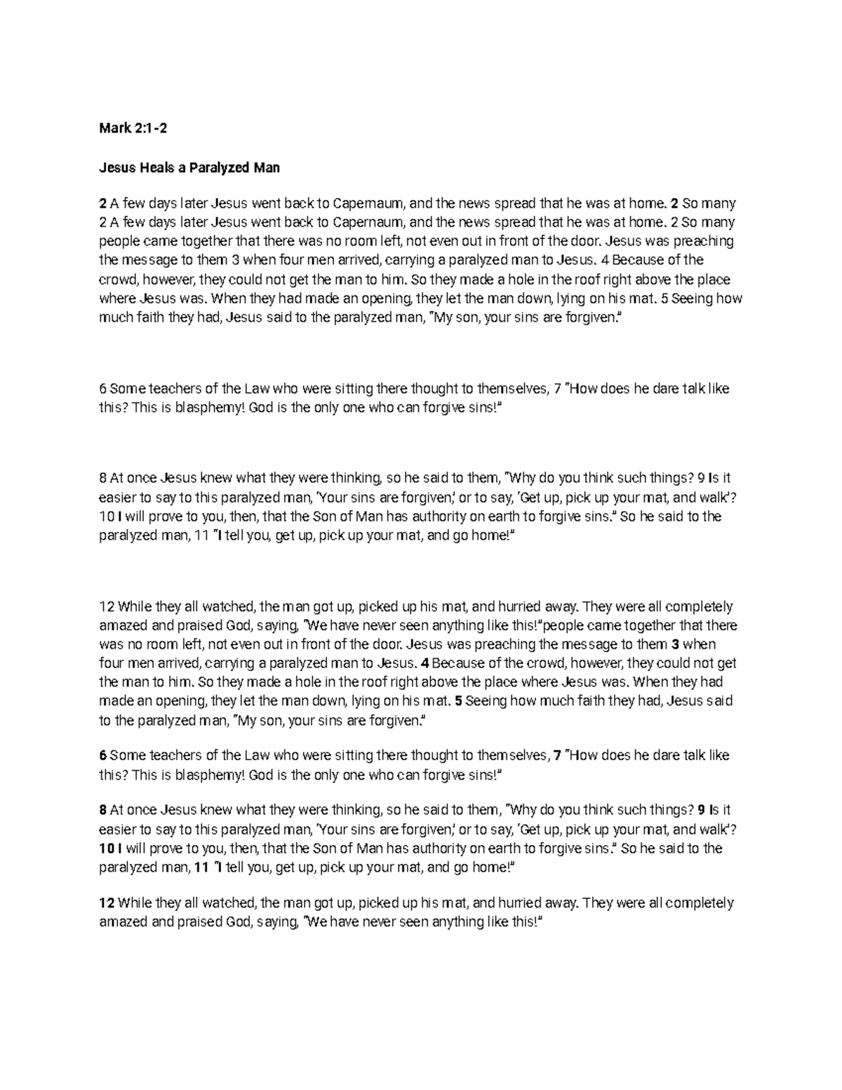 Bible Assesment - biblical passage assignment - Mark 2:1- Jesus Heals a ...