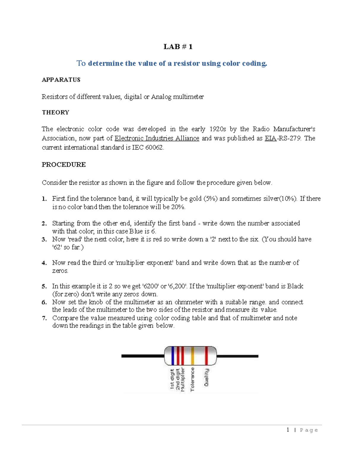 Manual lab 1&2 - lab man - LAB # 1 determine the value of a resistor using color coding. - Studocu