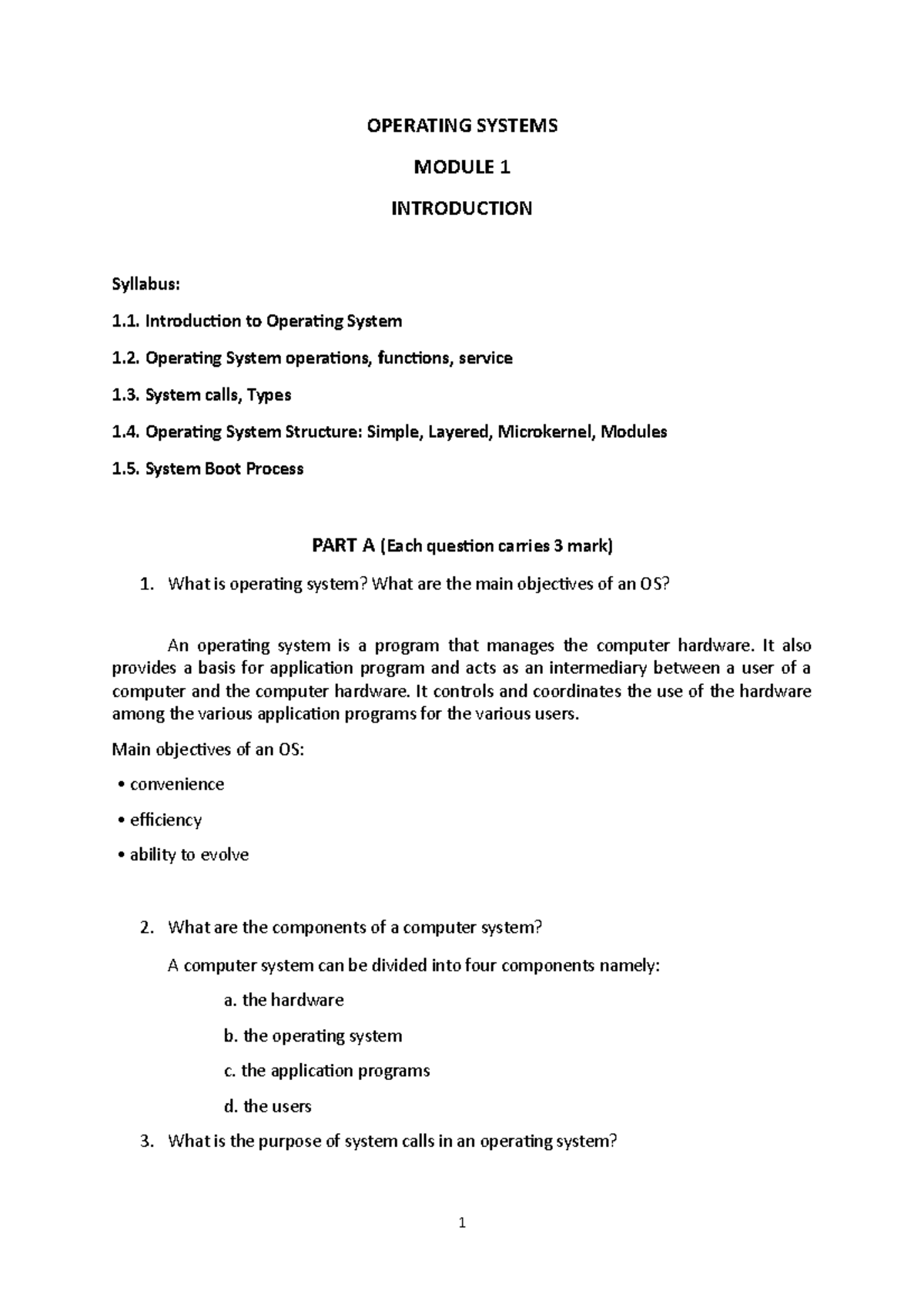 Module 1 Questionbank Operating Systems Basics Introduction Operating Systems Module 1