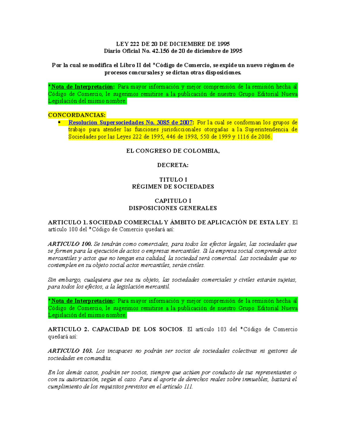 Ley 222 de 1995gfgg - LEY 222 DE 20 DE DICIEMBRE DE 1995 Diario Oficial ...