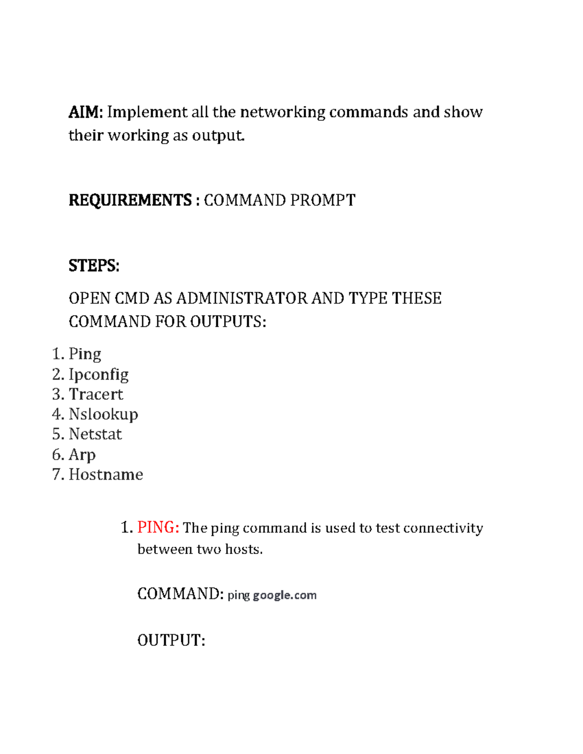 1.2 Different network commmands Worksheet - AIM: Implement all the networking commands and show ...
