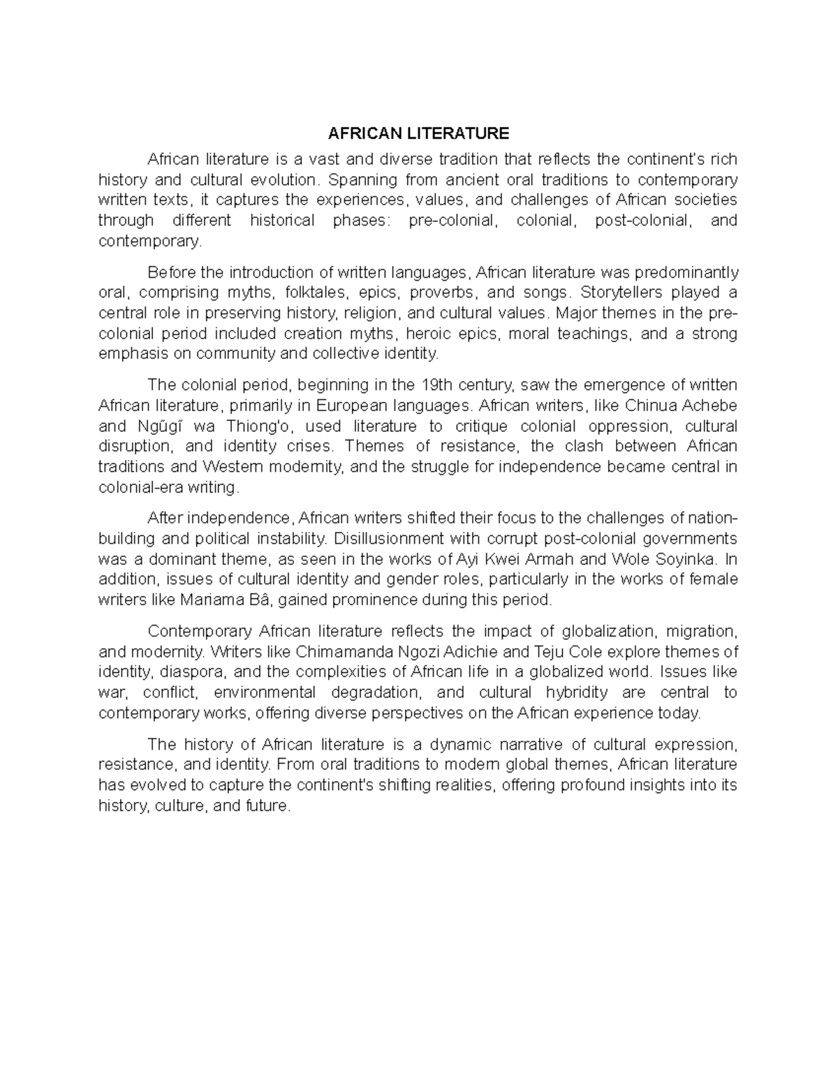 African Literature - AFRICAN LITERATURE African literature is a vast ...