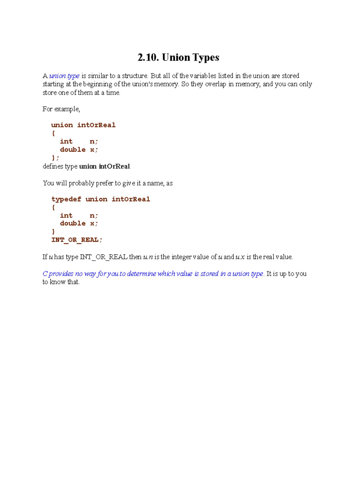 2.10. Union Types - Lecture notes 2.10 - 2. Union Types A union type is ...