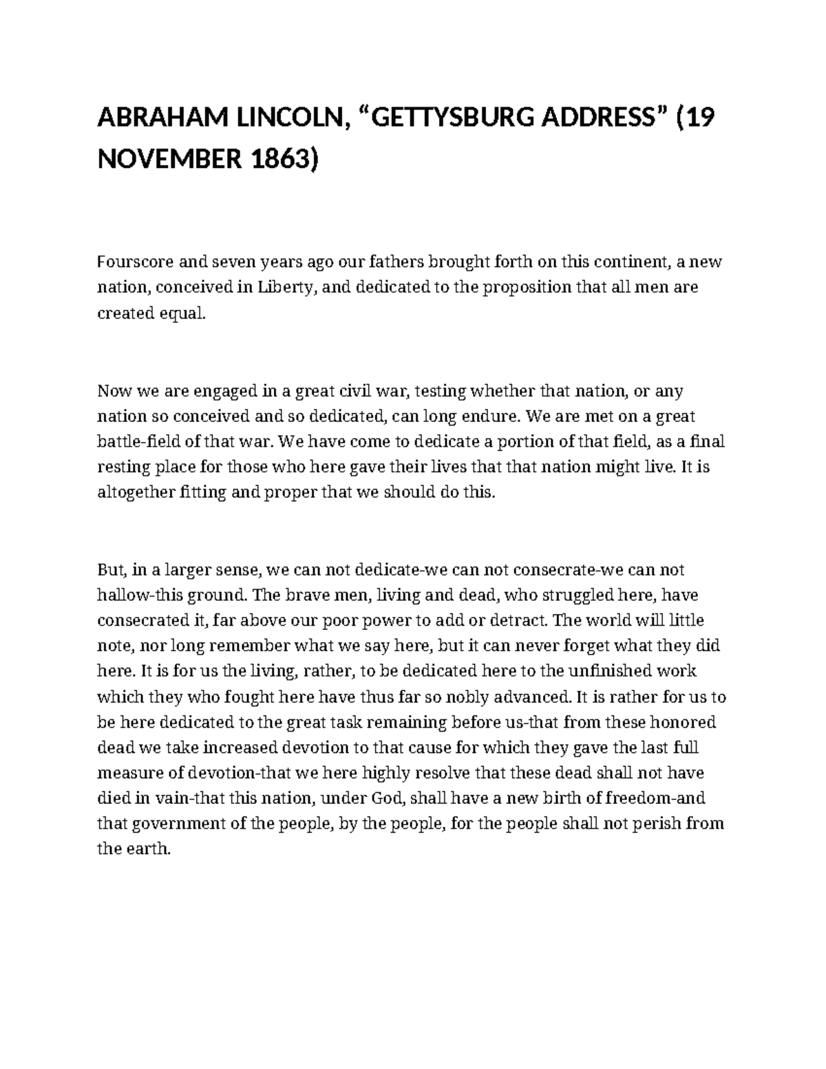 Abraham Lincoln-WPS Office - ABRAHAM LINCOLN, “GETTYSBURG ADDRESS ...