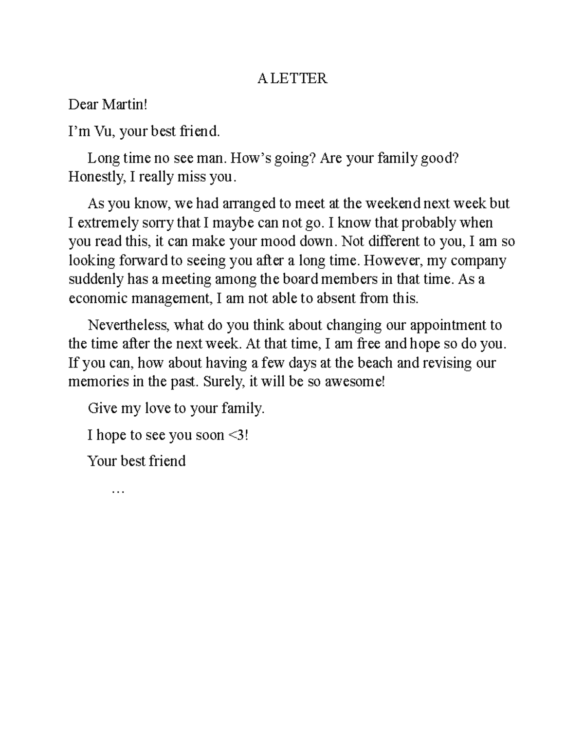 A Letter - 1231231 - A LETTER Dear Martin! I’m Vu, your best friend ...